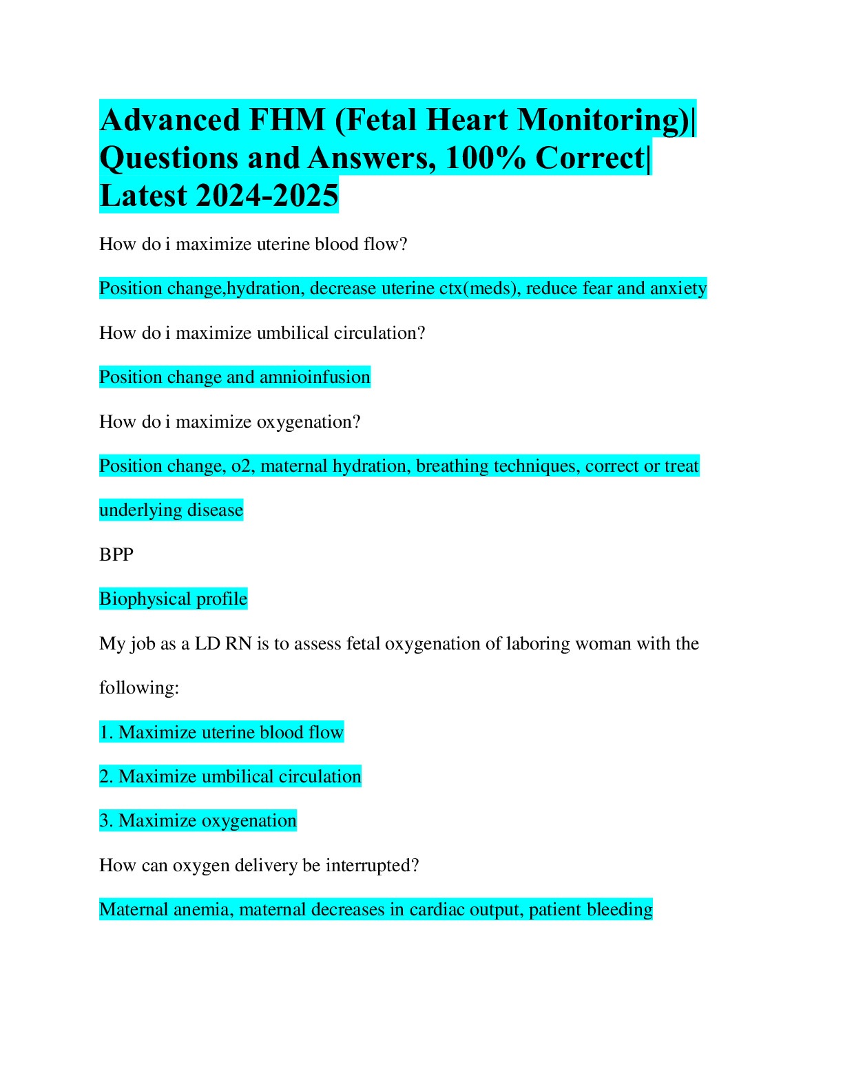Advanced FHM (Fetal Heart Monitoring)| Questions and Answers, 100% ...