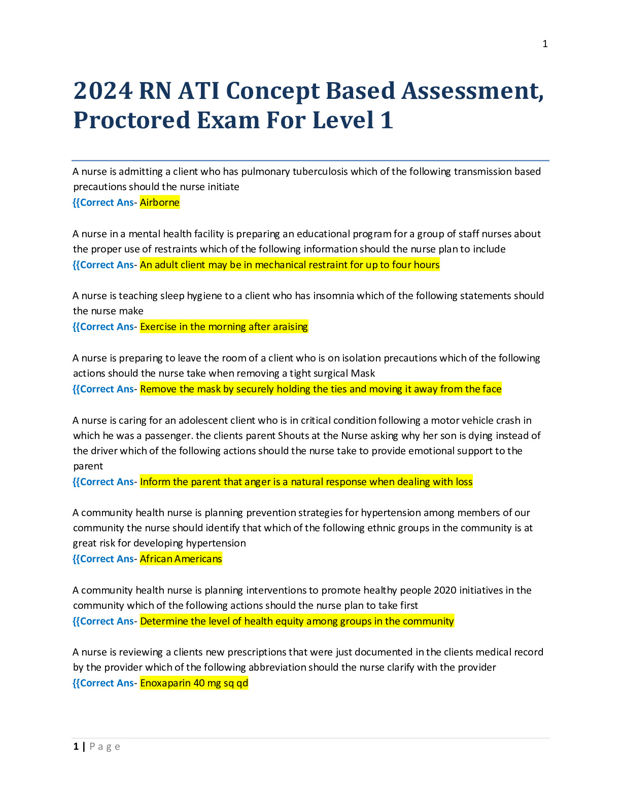 ATI RN CONCEPT-BASED ASSESSMENT TEST BANK LEVEL 1-4 COMBINED LATEST ...