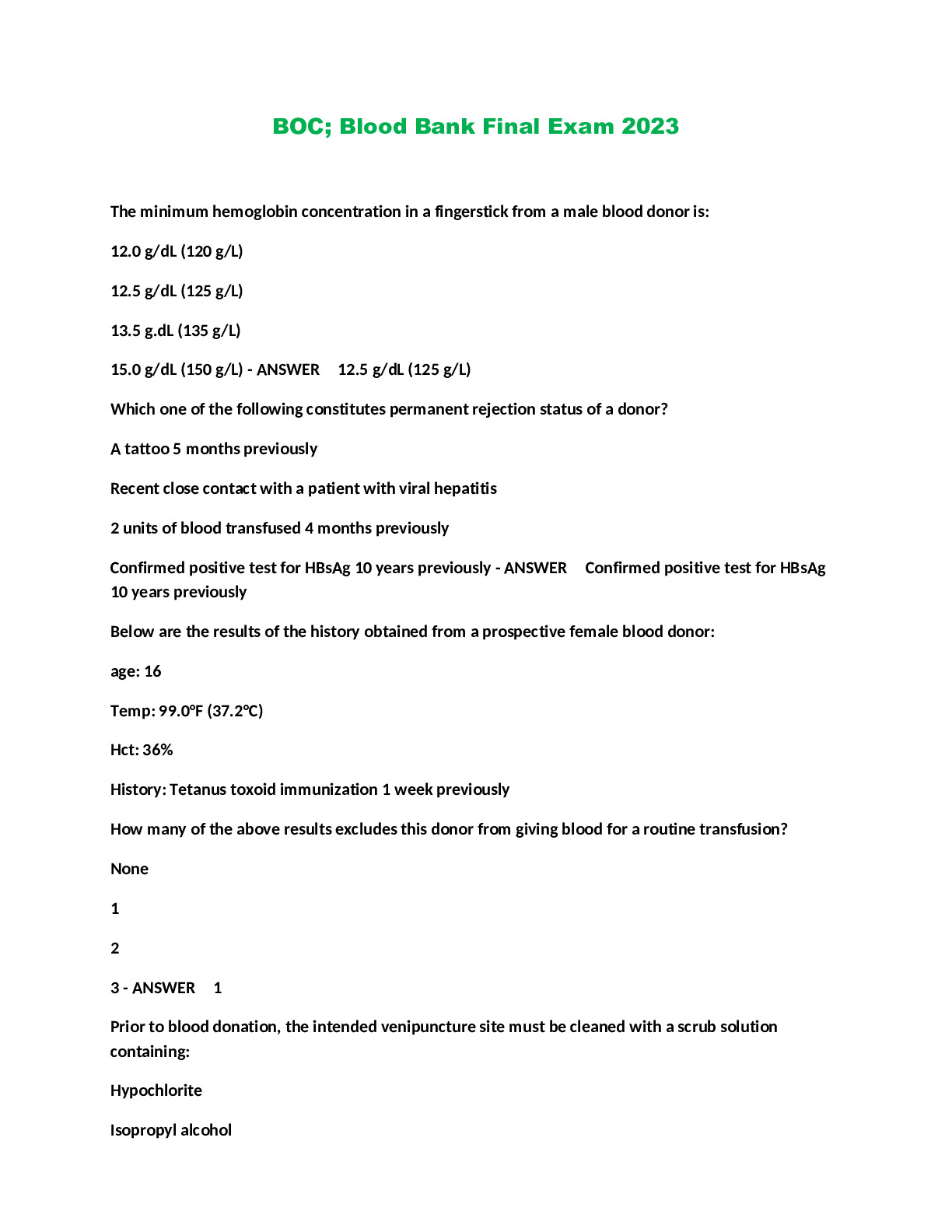 BOC Blood Bank Final Exam 2023/2024 with Answers - DocMerit