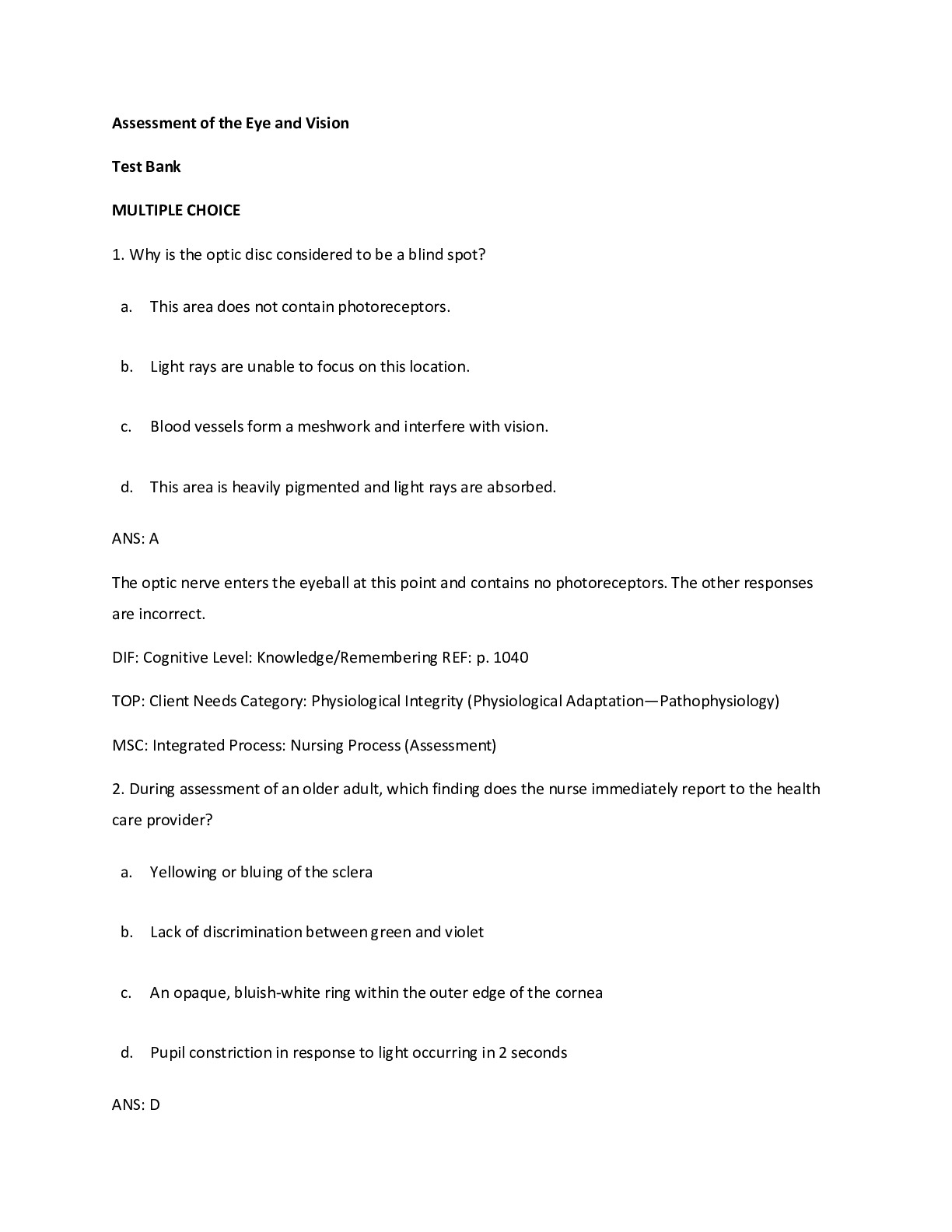 ATI Medical Surgical Nursing Assessment of the Eye and Vision Test Bank ...