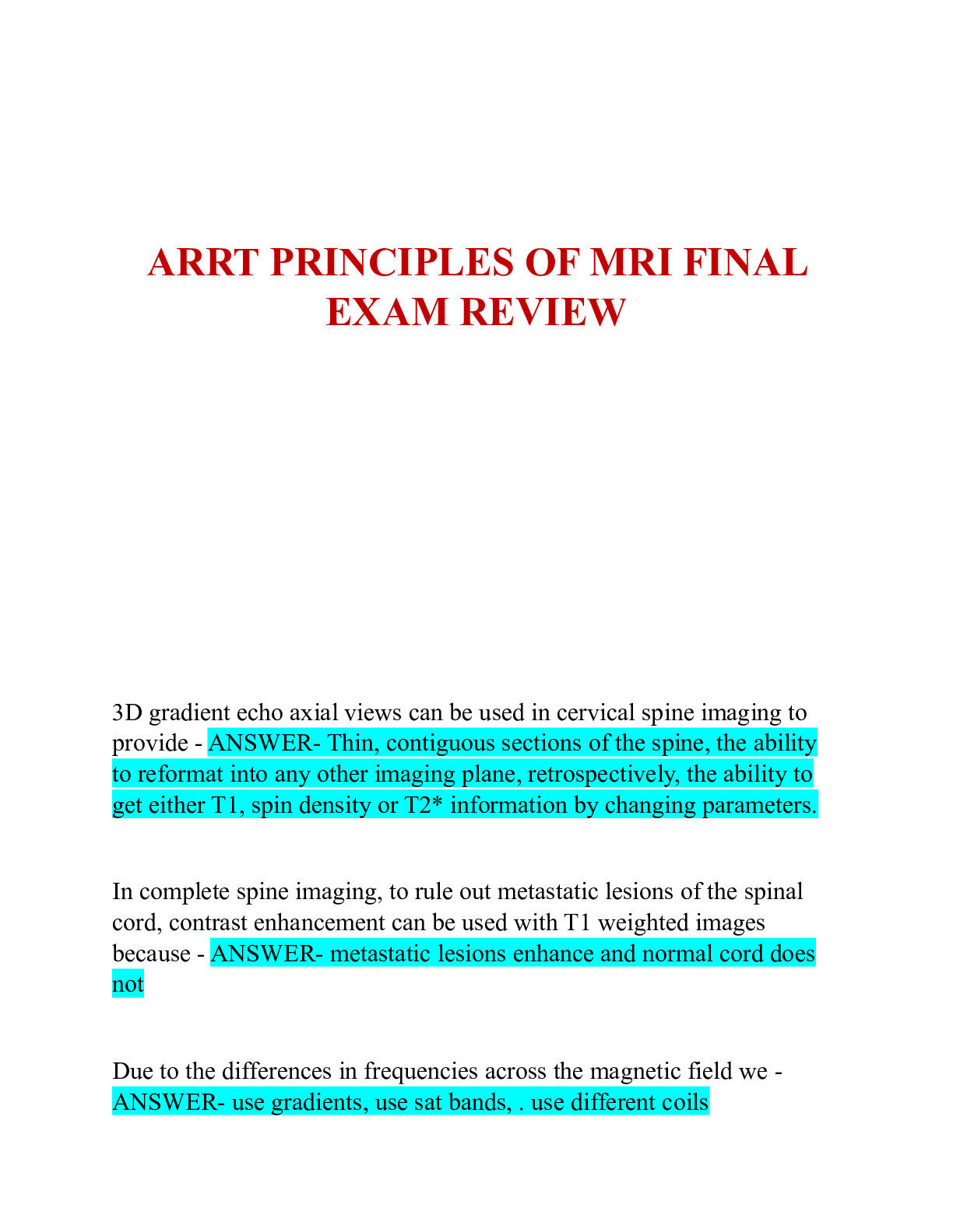 Nursing Med surg ARRT Principles of MRI FINAL Exam Review 2024 - DocMerit