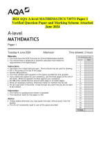2024 AQA A-level MATHEMATICS 7357/1 Paper 1 Verified Question Paper and Marking Scheme Attached ...