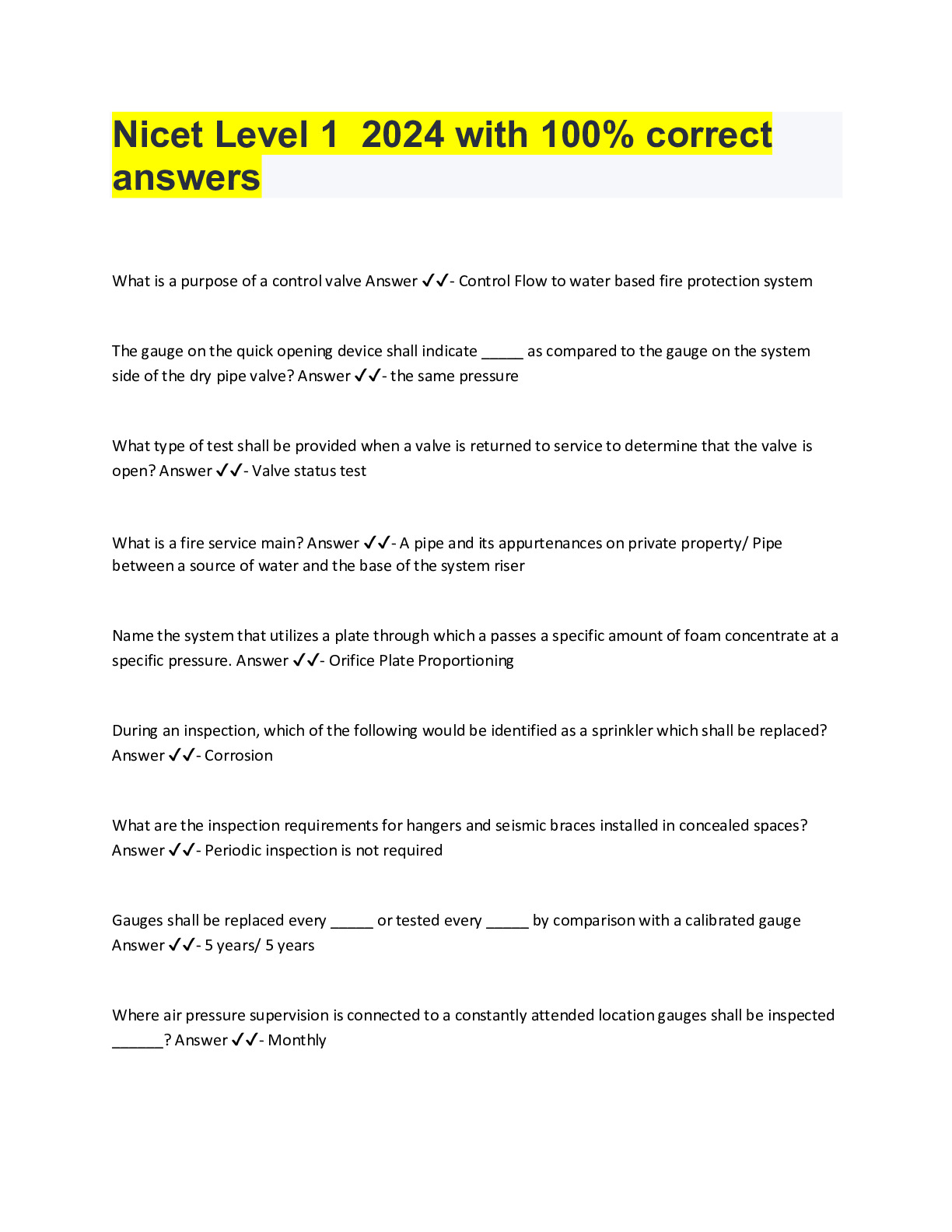 NICET Level I Water-Based Layout Exam 2025–2026 NFPA 13 Design and ...