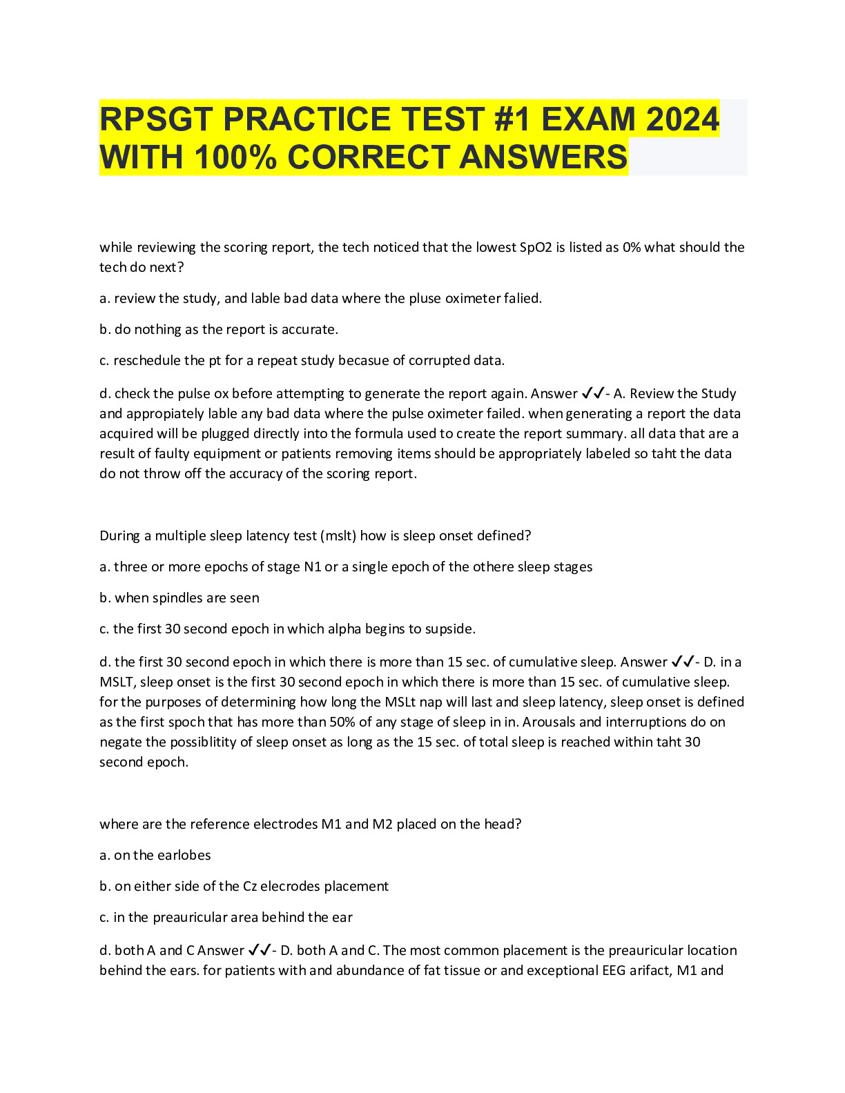 RPSGT PRACTICE TEST #1 EXAM 2024 WITH 100% CORRECT ANSWERS - DocMerit