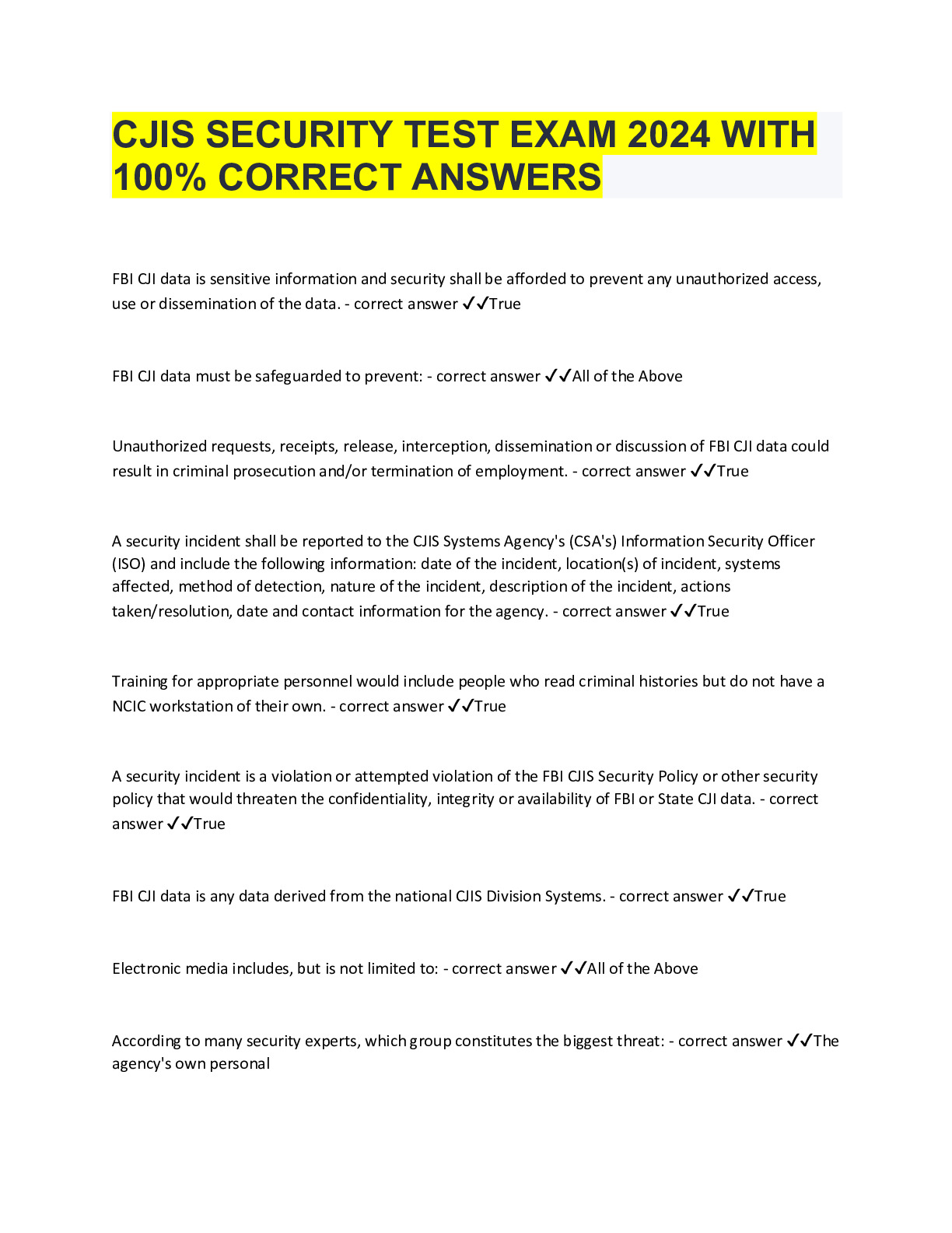 CJIS SECURITY TEST 2024 QUESTIONS WITH 100% CORRECT ANSWERS - DocMerit