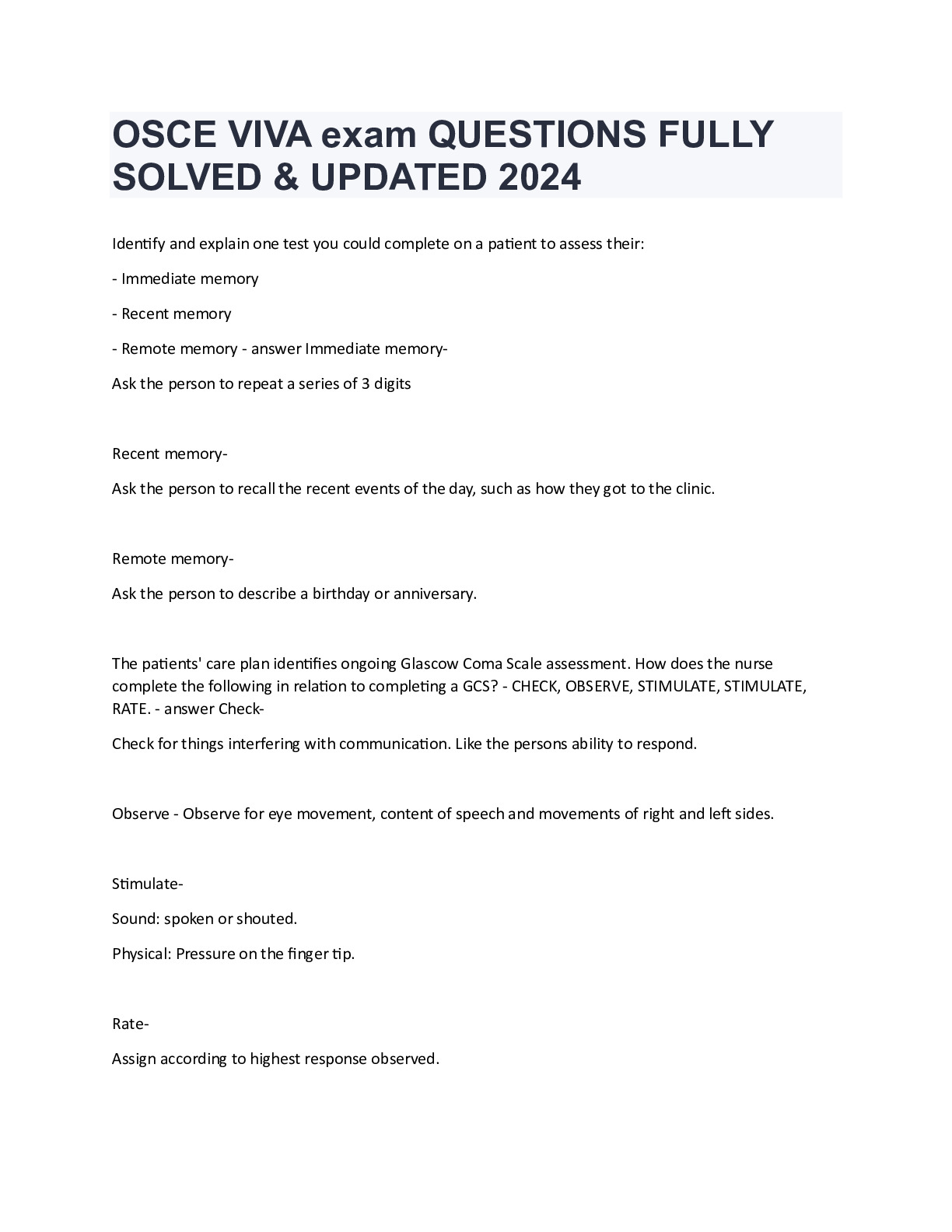 OSCE VIVA exam QUESTIONS FULLY SOLVED & UPDATED 2024 - DocMerit