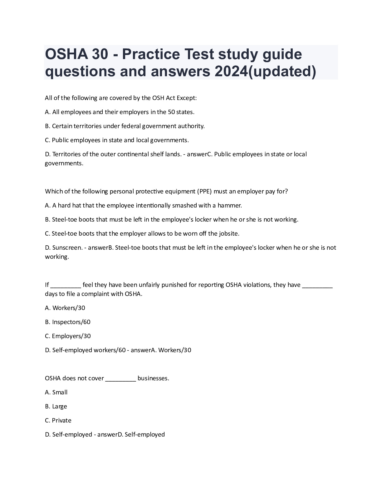 OSHA 30 - Practice Test with 100- verified answers 2024 - DocMerit