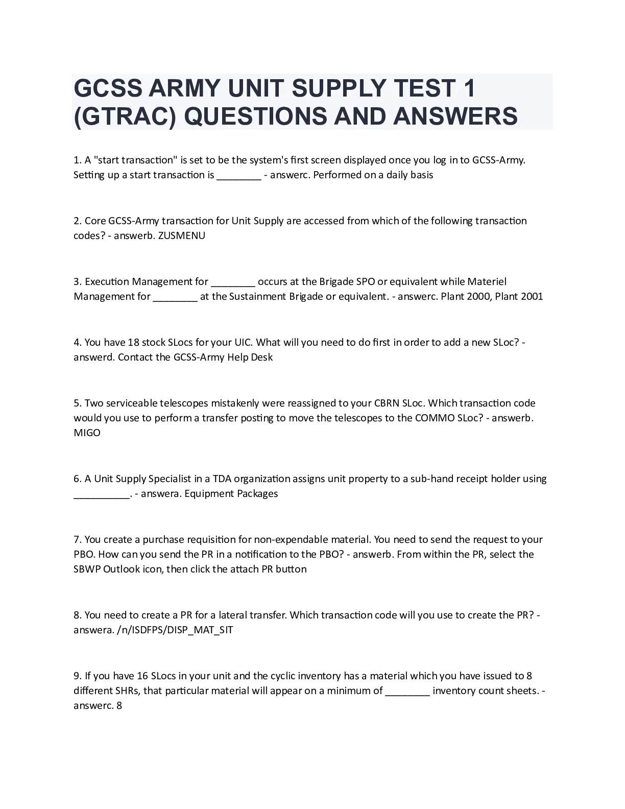 GCSS ARMY UNIT SUPPLY TEST 1 (GTRAC) QUESTIONS AND ANSWERS - DocMerit