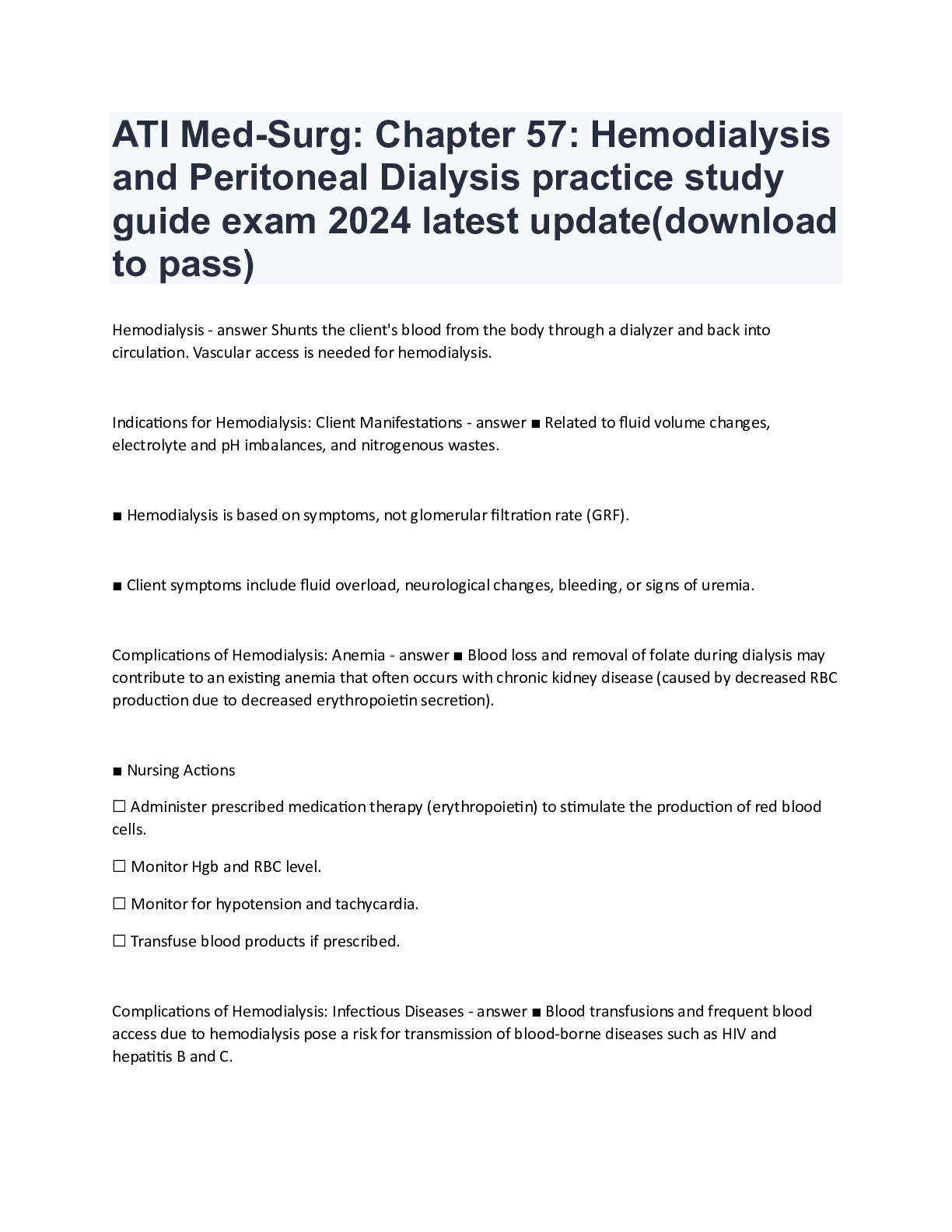 ATI Med-Surg: Chapter 57: Hemodialysis and Peritoneal Dialysis practice study guide exam 2024 ...