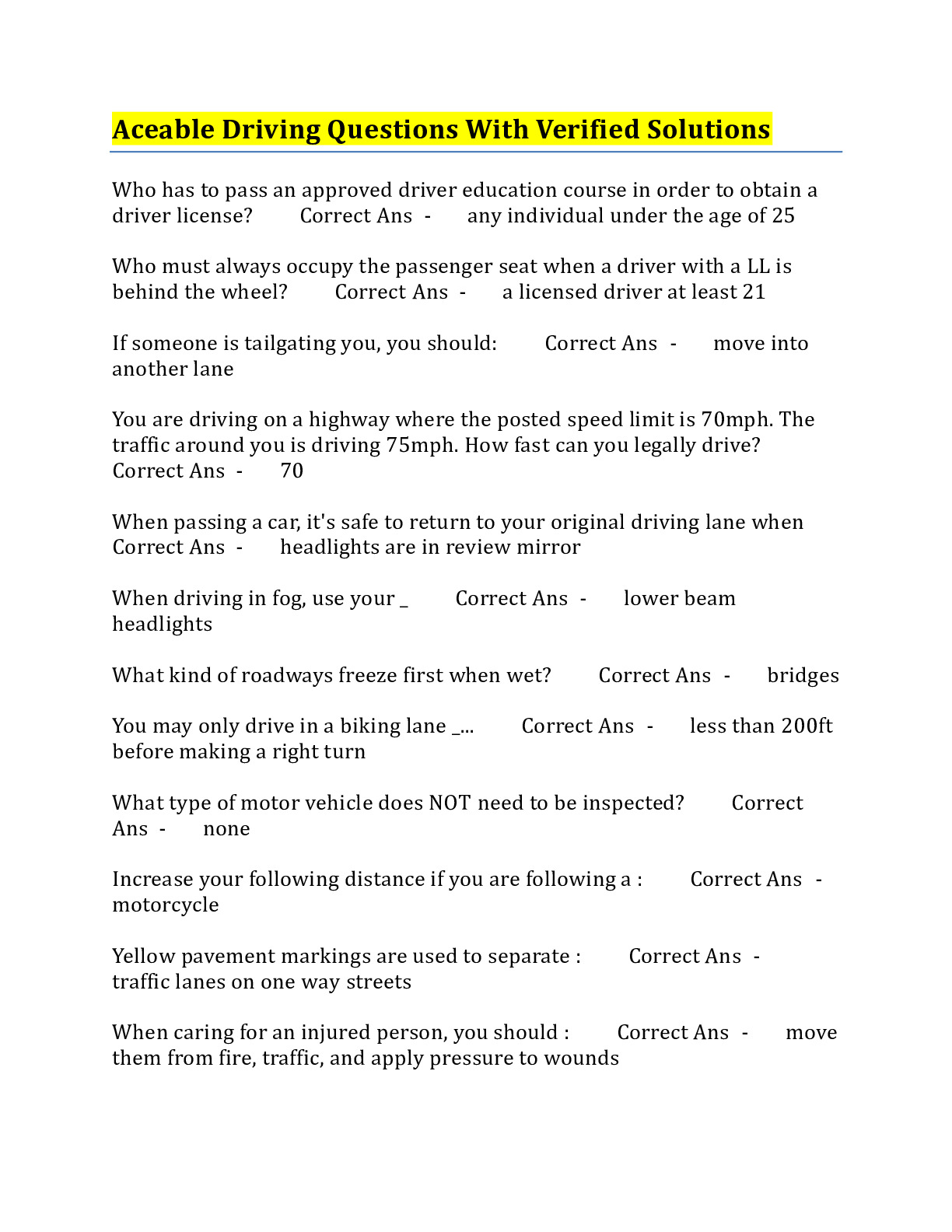 Aceable Driving Questions With Correct Solutions Rated A+ 2024. - DocMerit