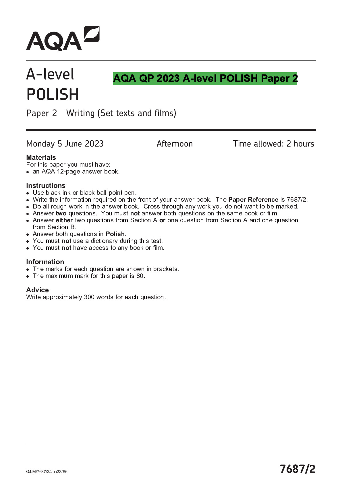 AQA QP 2023 A-level SPANISH Paper 2 Writing AQA QP 2023 A-level SPANISH ...