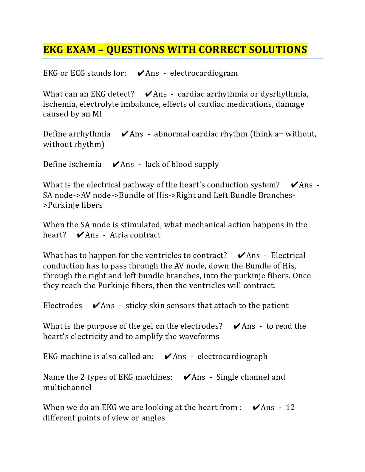 EKG EXAM – QUESTIONS WITH CORRECT SOLUTIONS - DocMerit