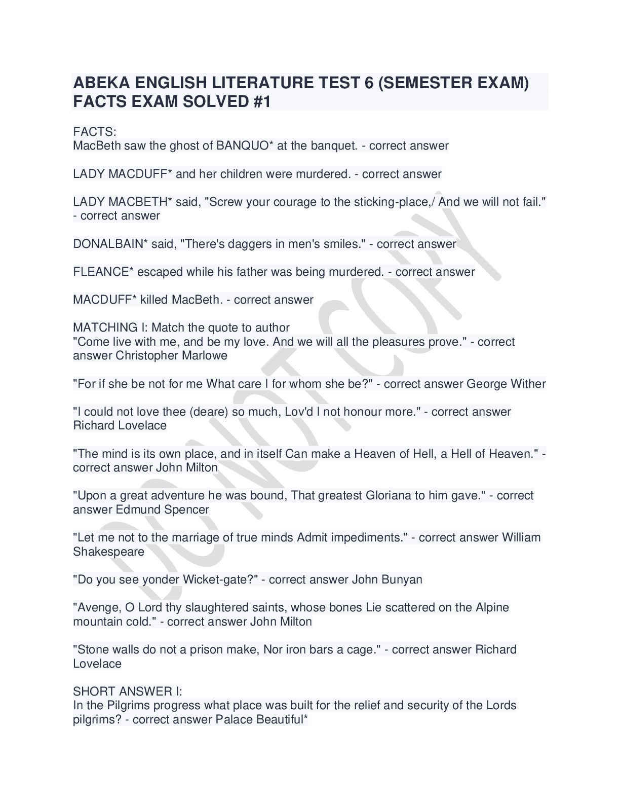 ABEKA ENGLISH 12 TEST 6 QUESTIONS AND ANSWERS FOR REVISION -4. - DocMerit