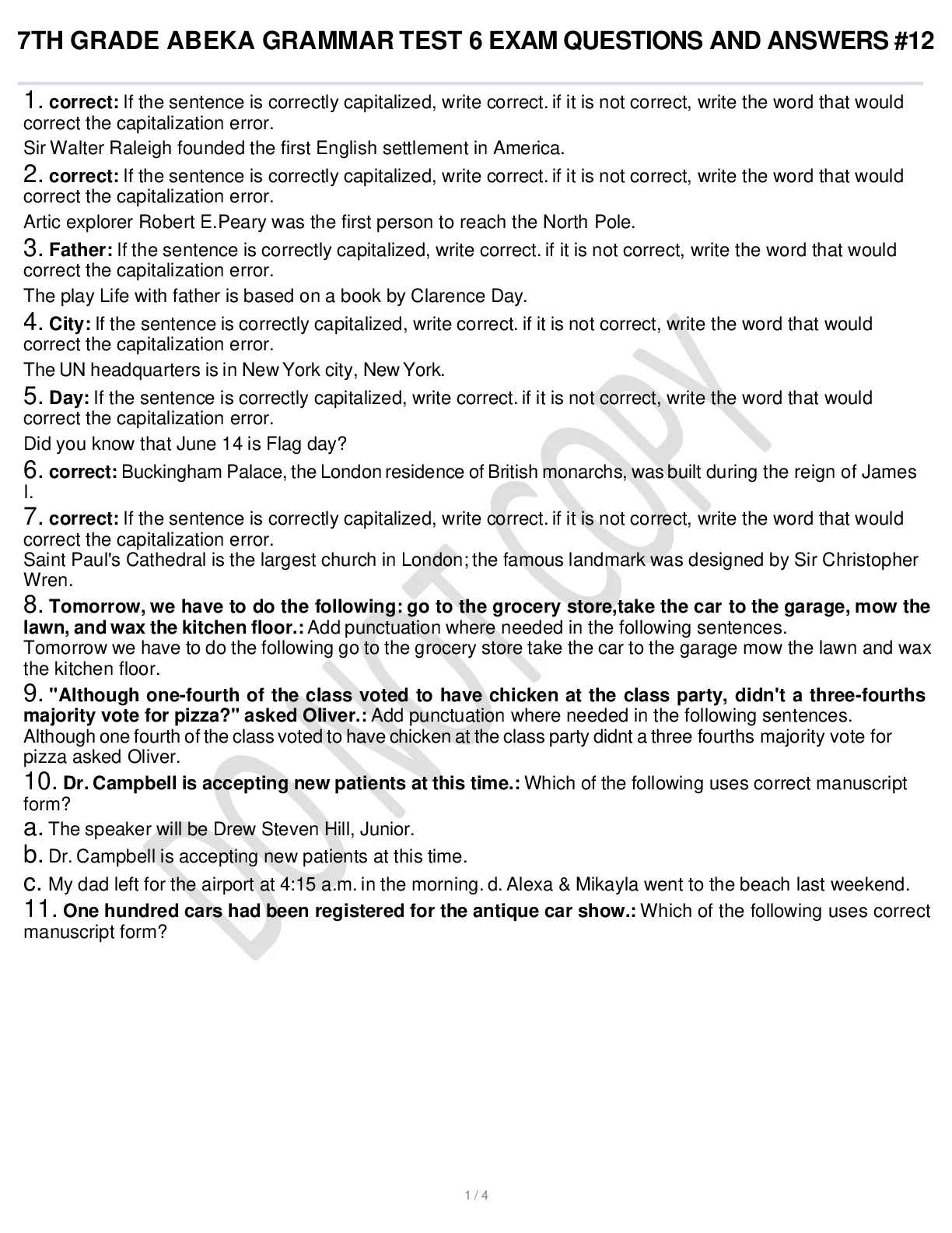 7TH GRADE ABEKA GRAMMAR TEST 6 EXAM QUESTIONS - DocMerit