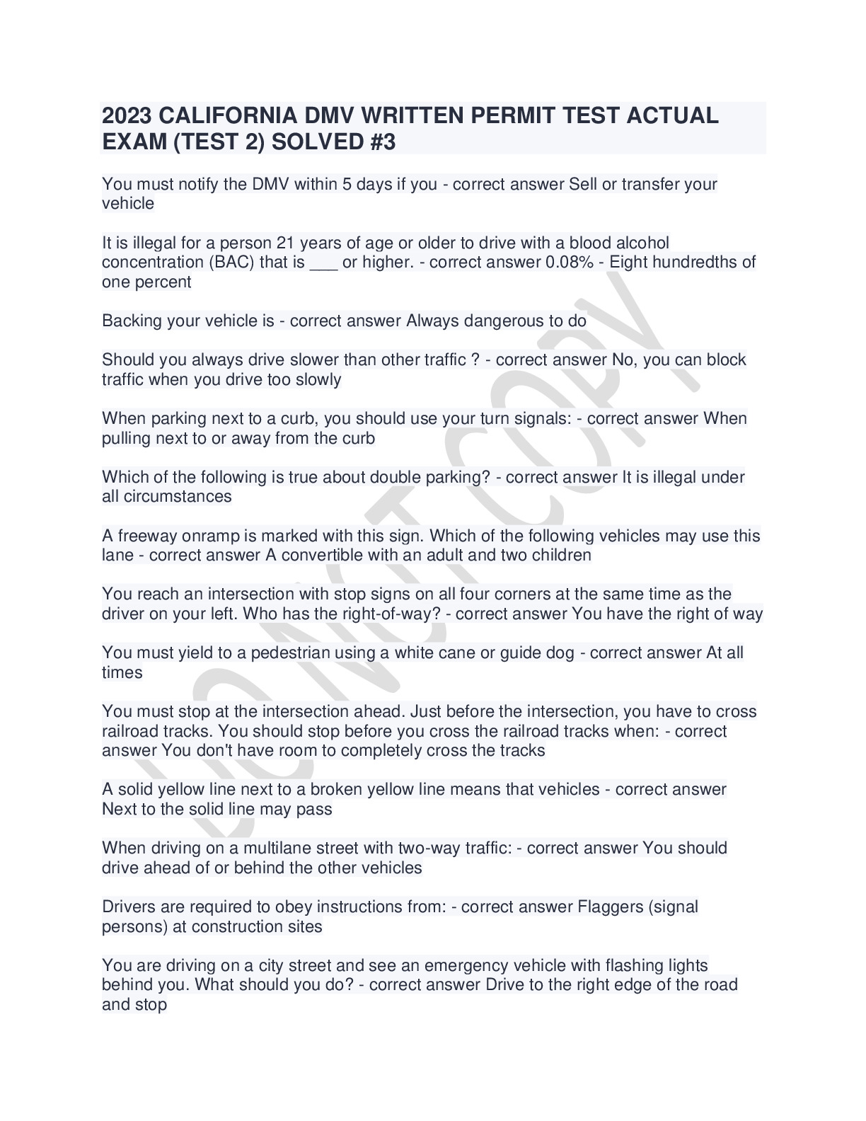 2023 CALIFORNIA DMV WRITTEN PERMIT TEST ACTUAL EXAM (TEST 2) SOLVED -3 ...