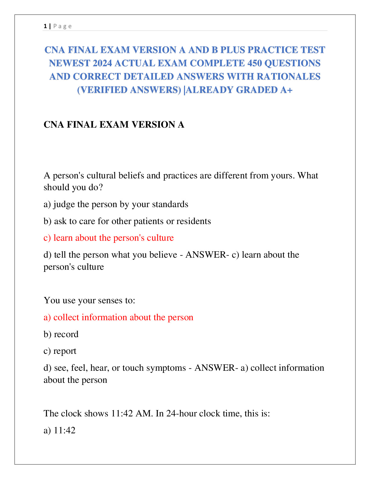 CNA FINAL EXAM VERSION A AND B PLUS PRACTICE TEST NEWEST 2024 ACTUAL ...