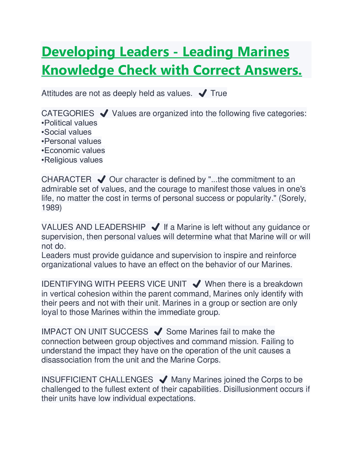 Developing Leaders - Leading Marines Knowledge Check with Correct ...