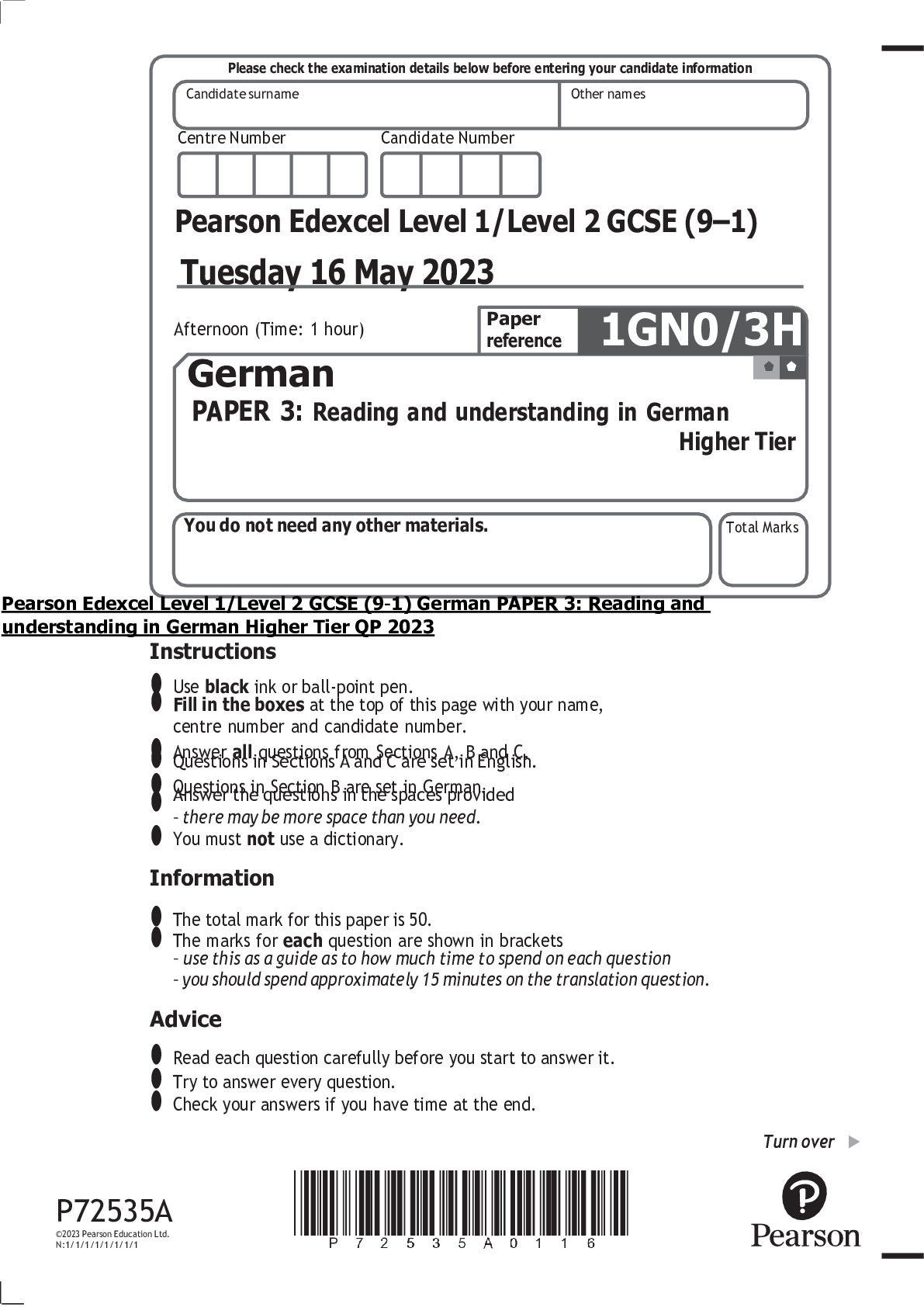 Pearson Edexcel Level 1/Level 2 GCSE (9–1) German PAPER 3: Reading and ...