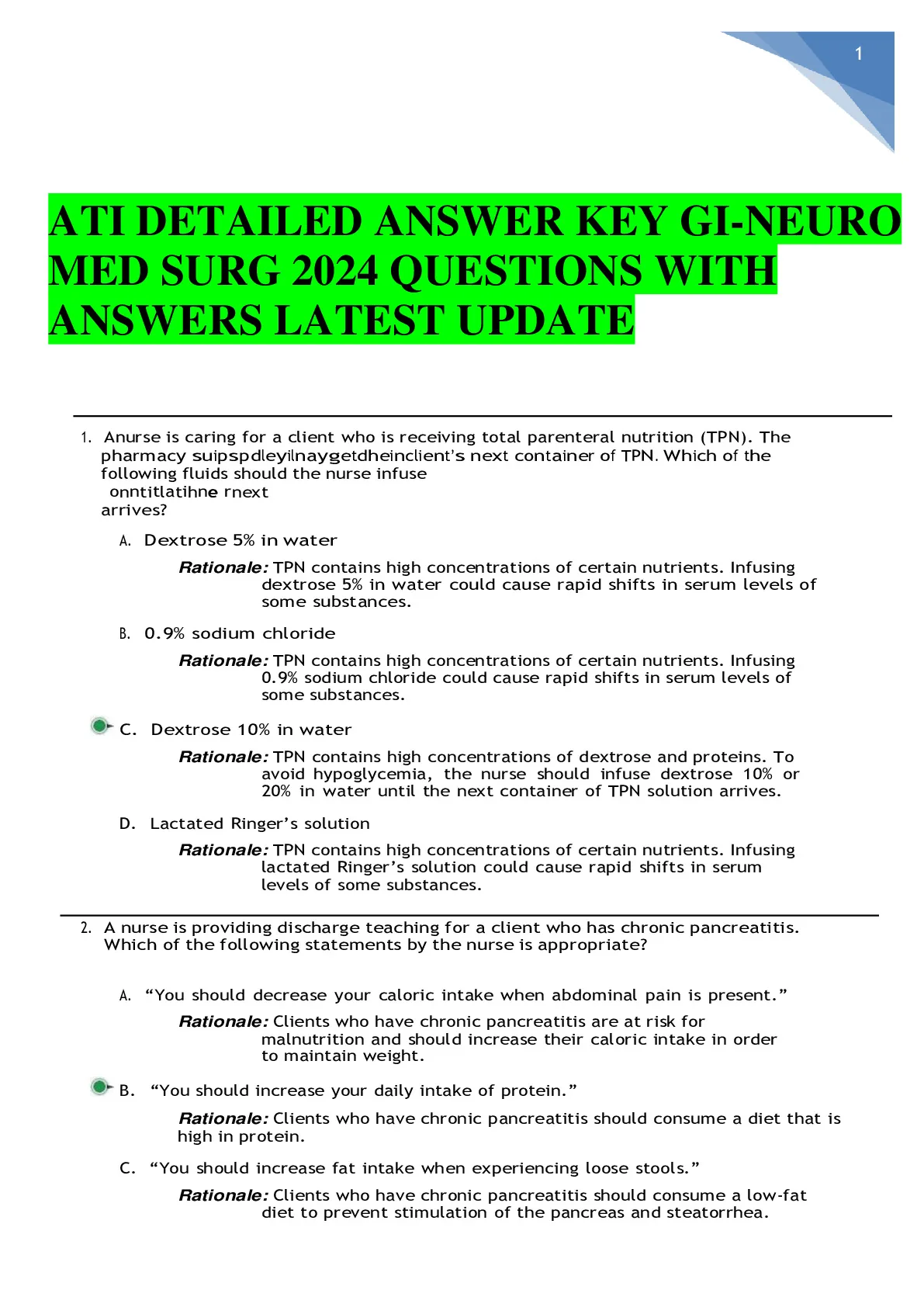ATI DETAILED ANSWER KEY GI-NEURO MED SURG 2024 QUESTIONS WITH ANSWERS ...