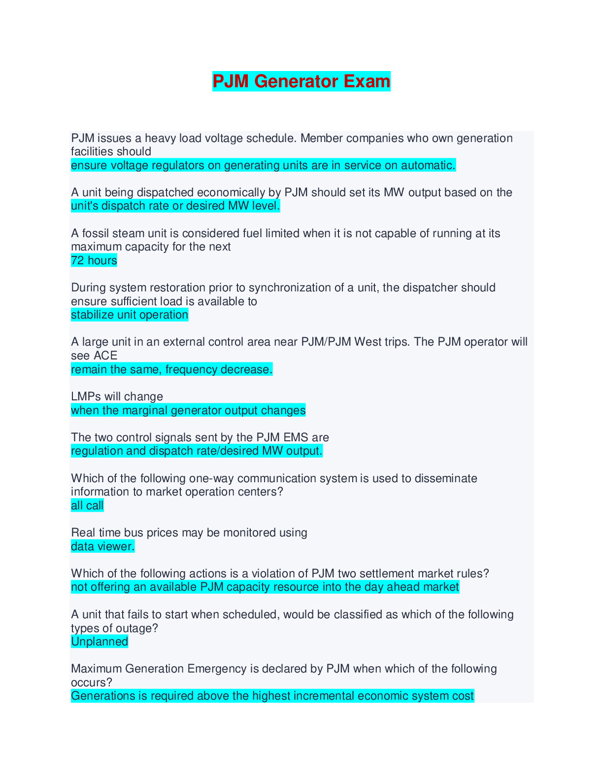 PJM Generation Dispatch Exam - Questions and Answers (Complete ...