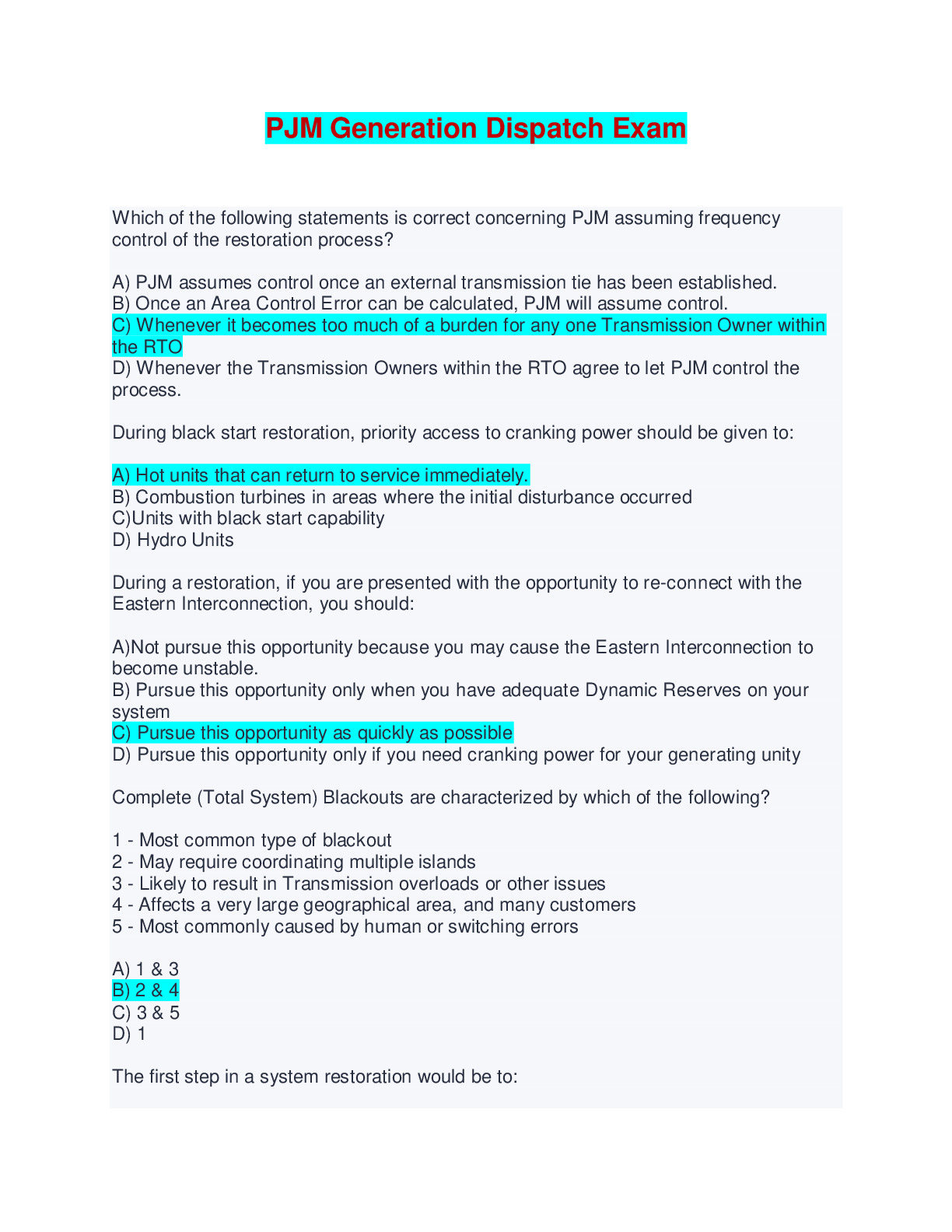 PJM Generation Dispatch Exam - Questions and Answers (Complete ...