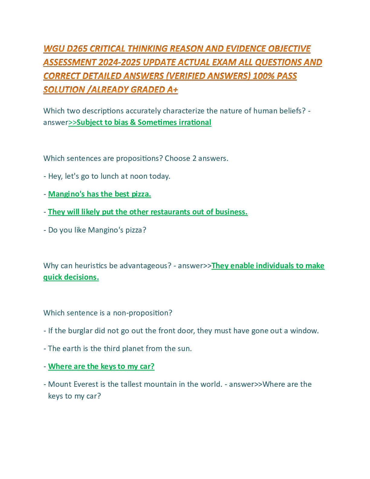 WGU D265 CRITICAL THINKING REASON AND EVIDENCE OBJECTIVE ASSESSMENT ...