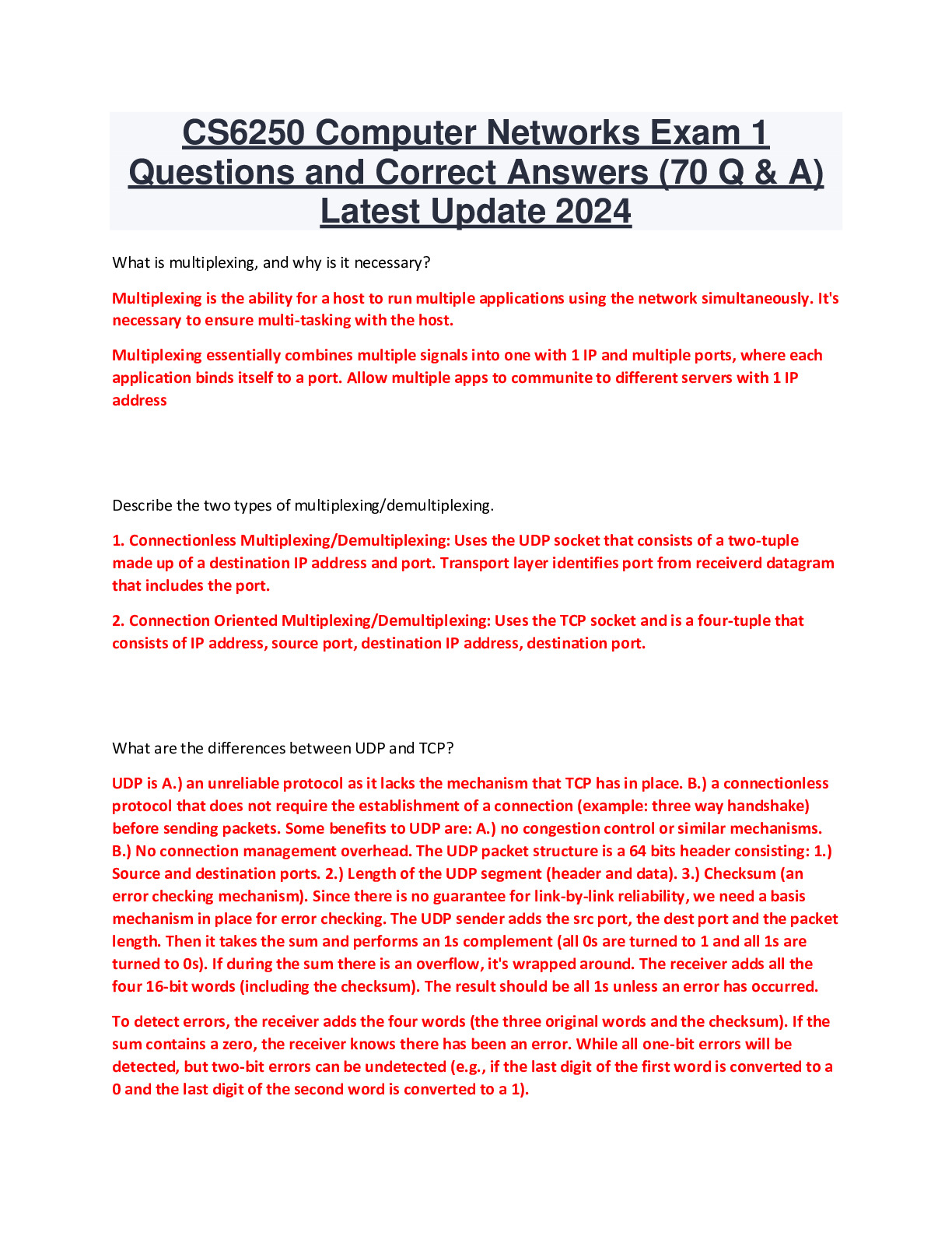 CS6250 Computer Networks Exam 1 Questions and Correct Answers (70 Q & A ...