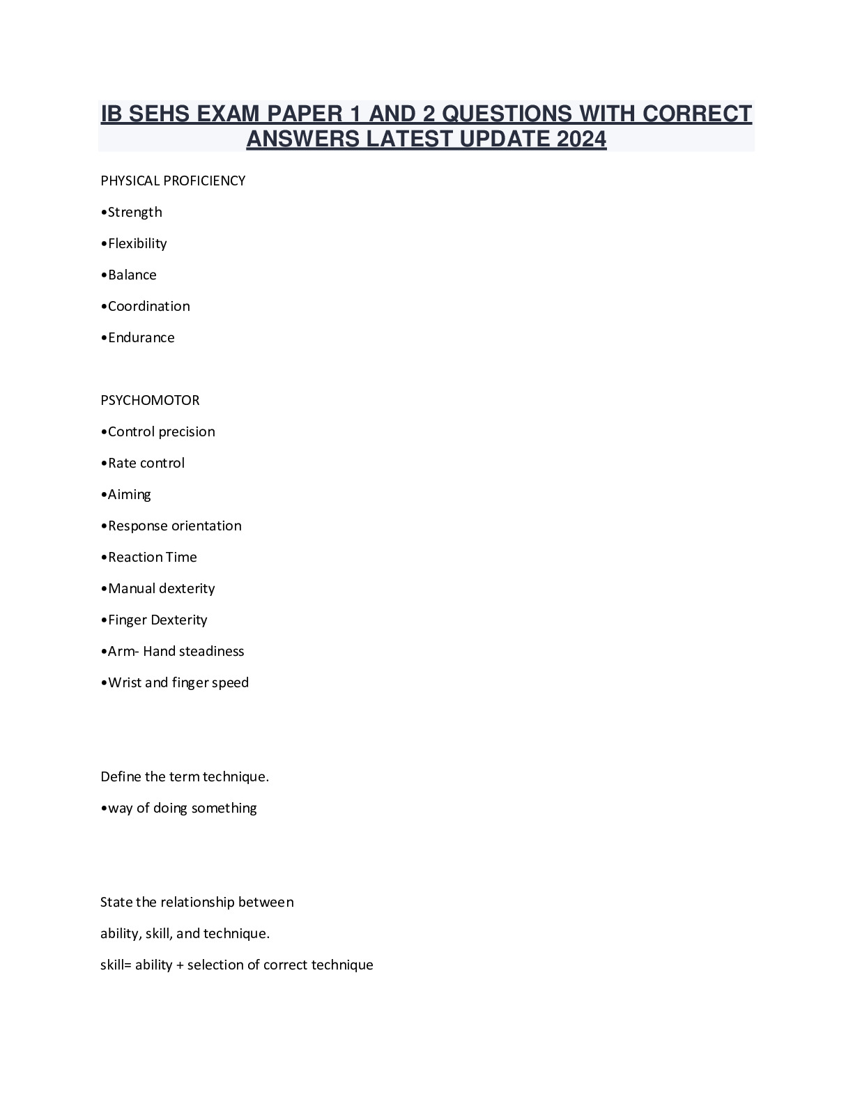 IB SEHS EXAM PAPER 1 AND 2 QUESTIONS WITH CORRECT ANSWERS LATEST UPDATE ...