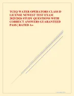 TCEQ WATER OPERATORS CLASS D LICENSE NEWEST TEST EXAM 2025/2026 STUDY ...