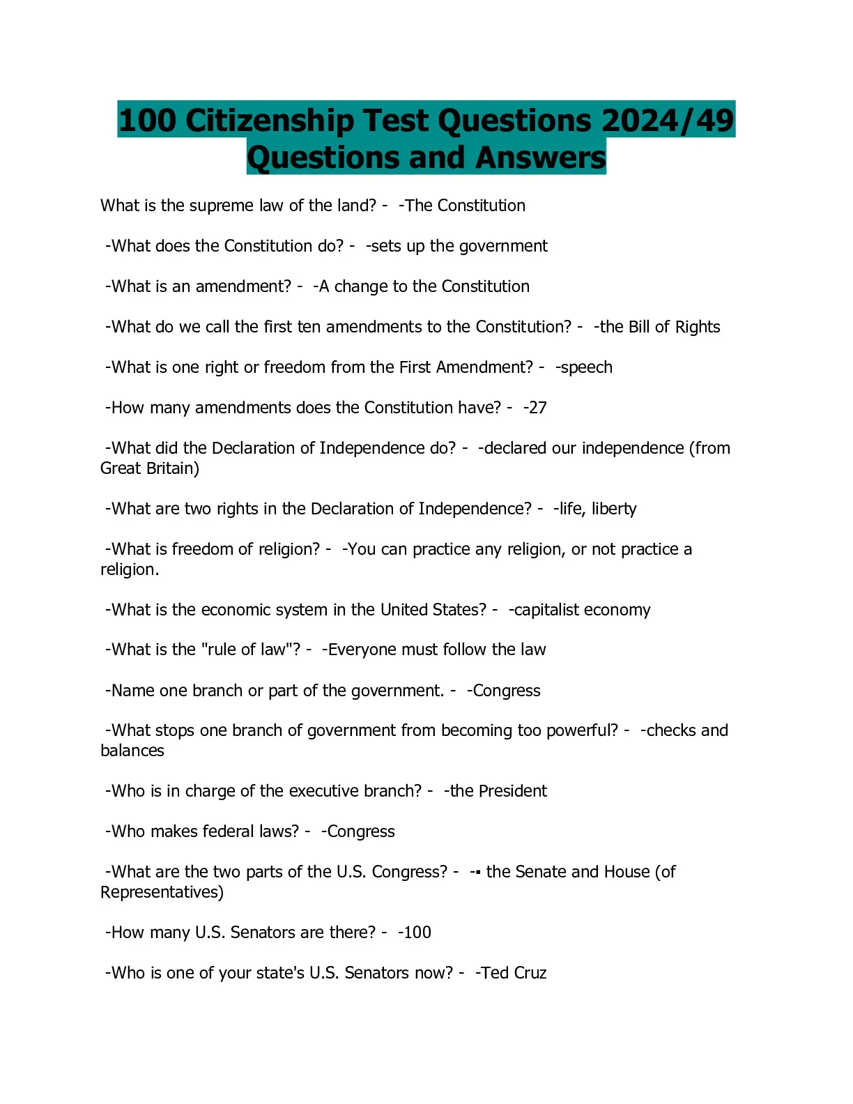 100 Citizenship Test Questions 2024/49 Questions and Answers - DocMerit
