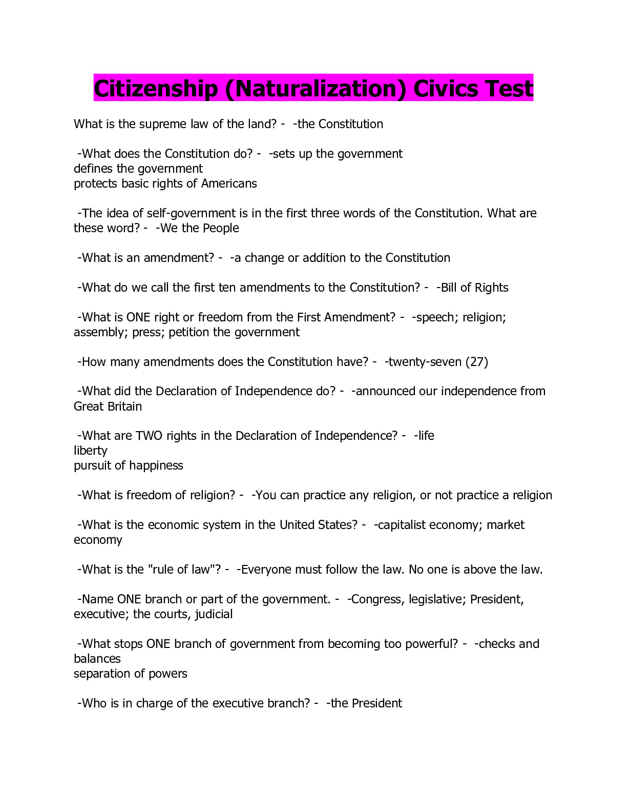 Citizenship Test (for AL high school civics exam) 2023-2024 New Version ...