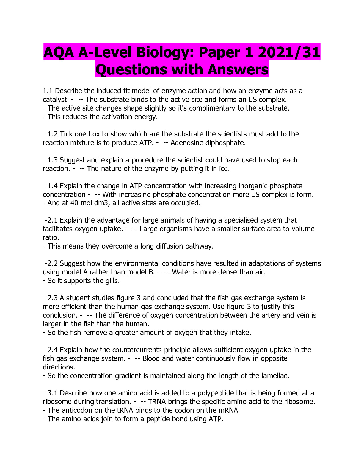 AQA A Level Biology 4/5/6 mark questions With Complete Solutions - DocMerit AQA A Level Biology 4/5/6 mark questions With Complete Solutions - DocMerit