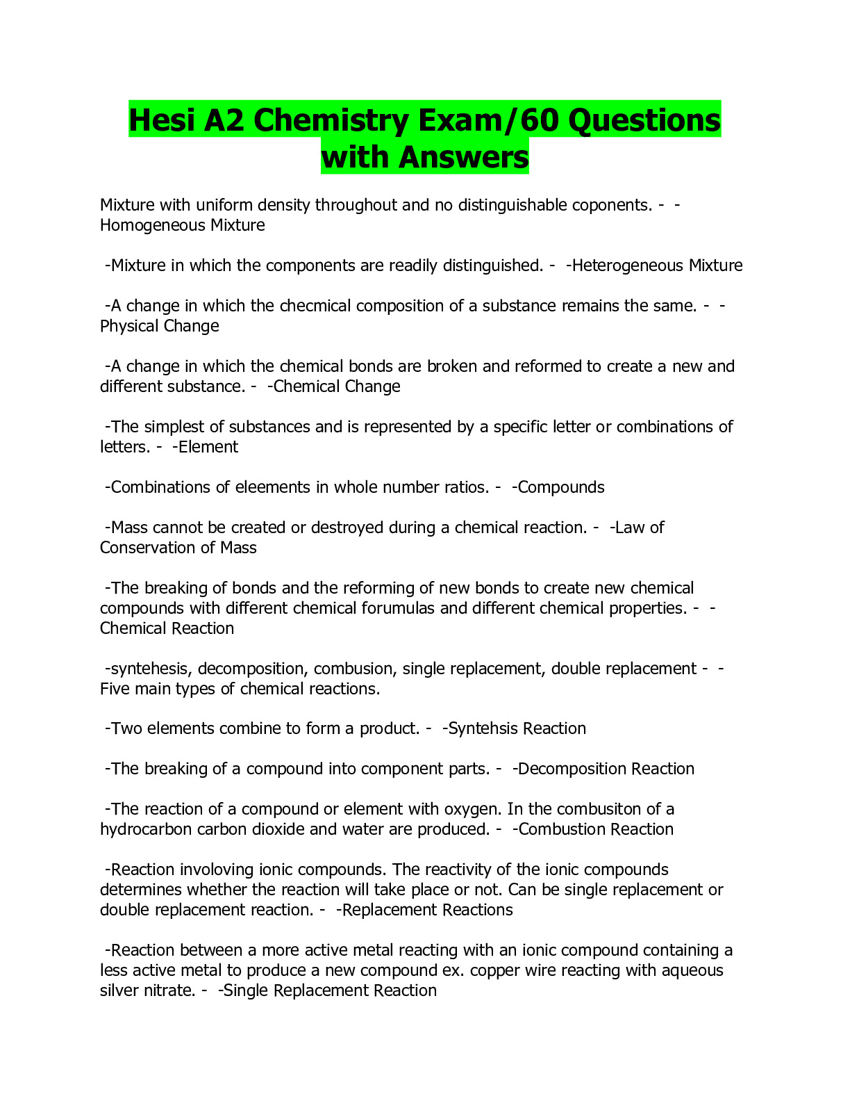 HESI A2 CHEMISTRY EXAMS - DocMerit