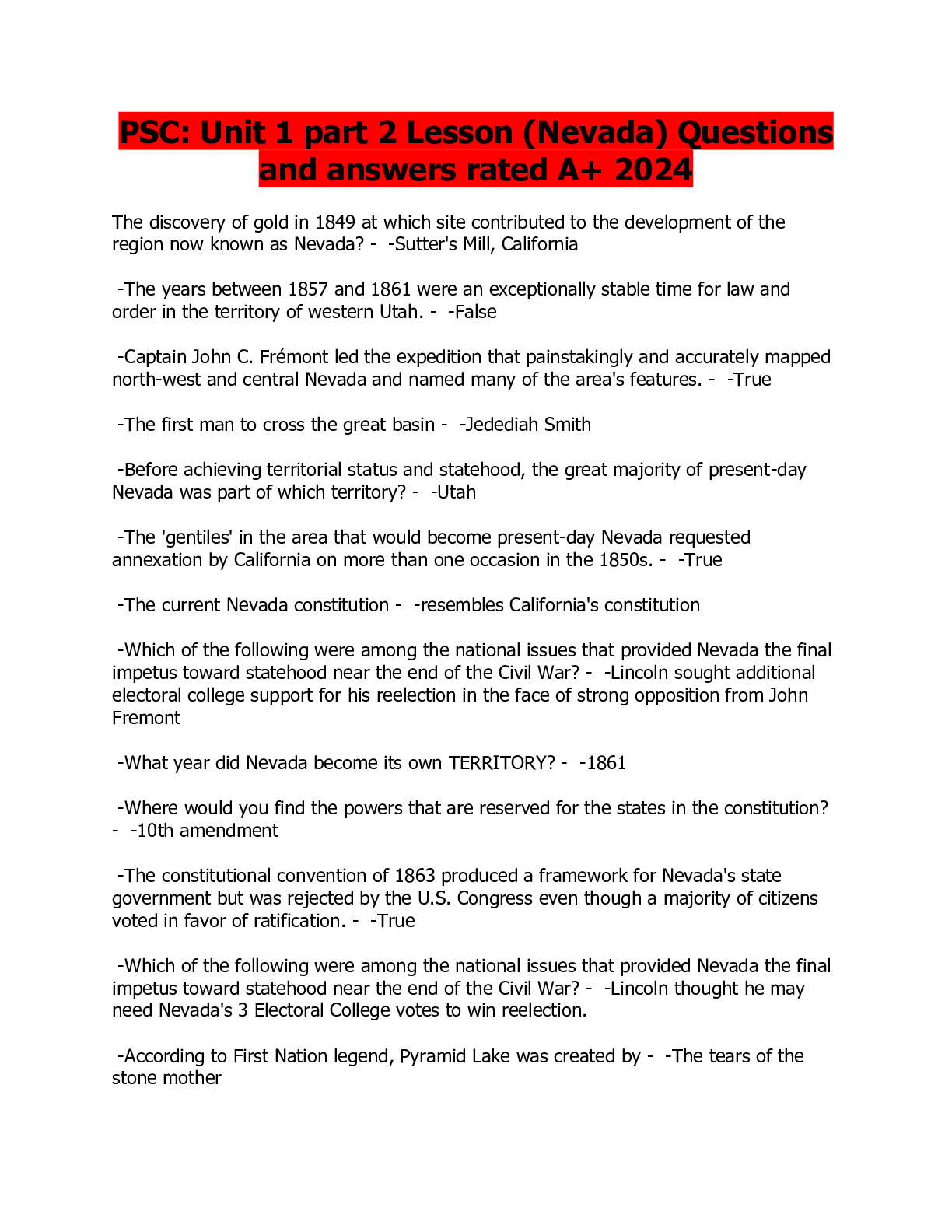 PSC: Unit 1 part 2 Lesson (Nevada) Questions and answers rated A+ 2024 ...