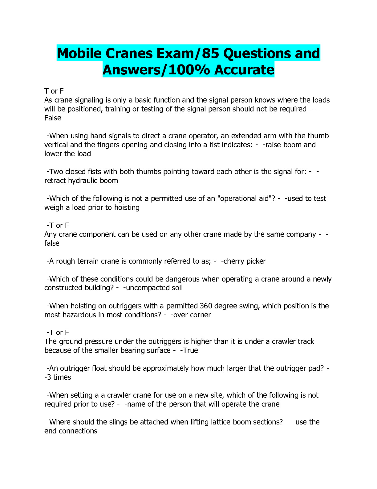 Mobile Cranes Exam/85 Questions and Answers/100% Accurate - DocMerit