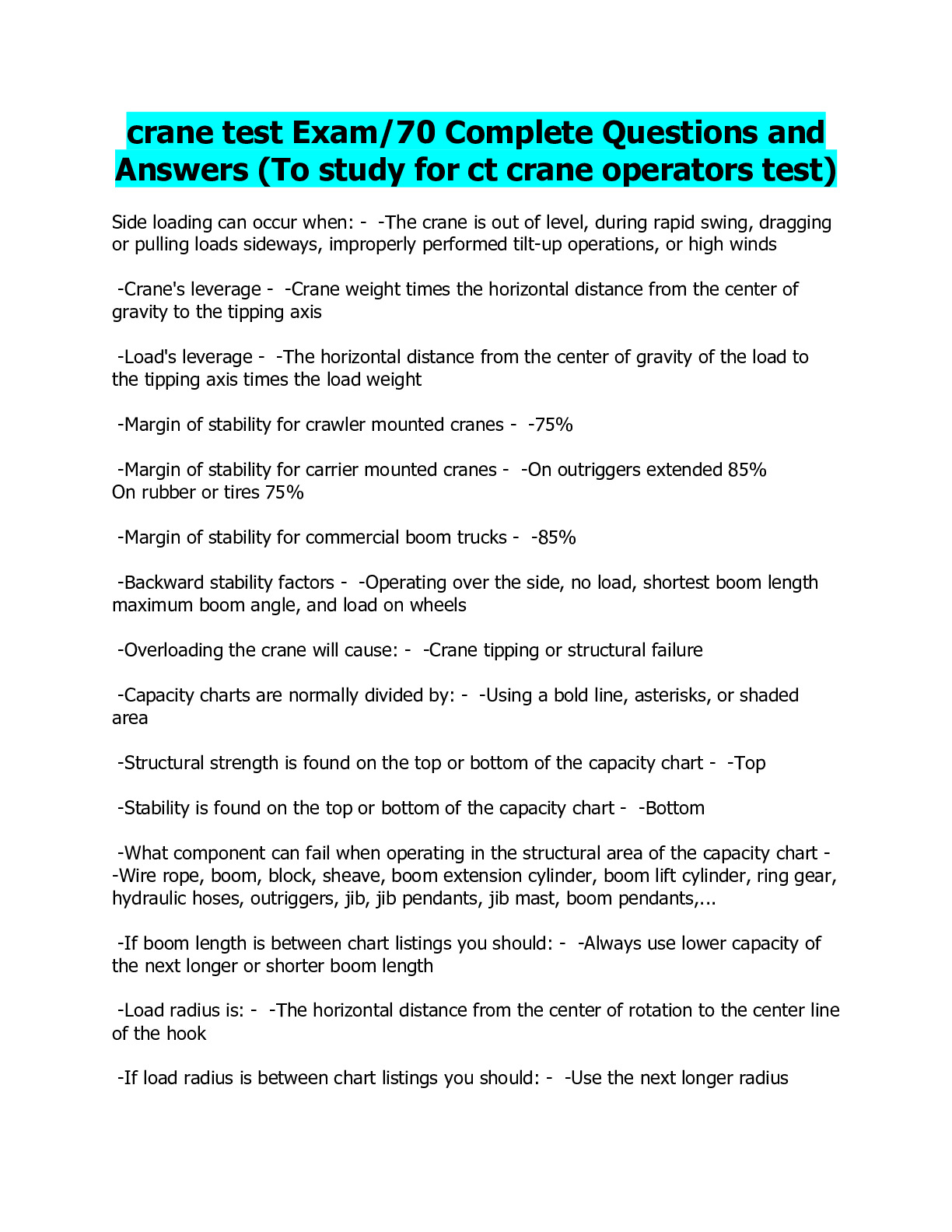 crane test Exam/70 Complete Questions and Answers (To study for ct ...