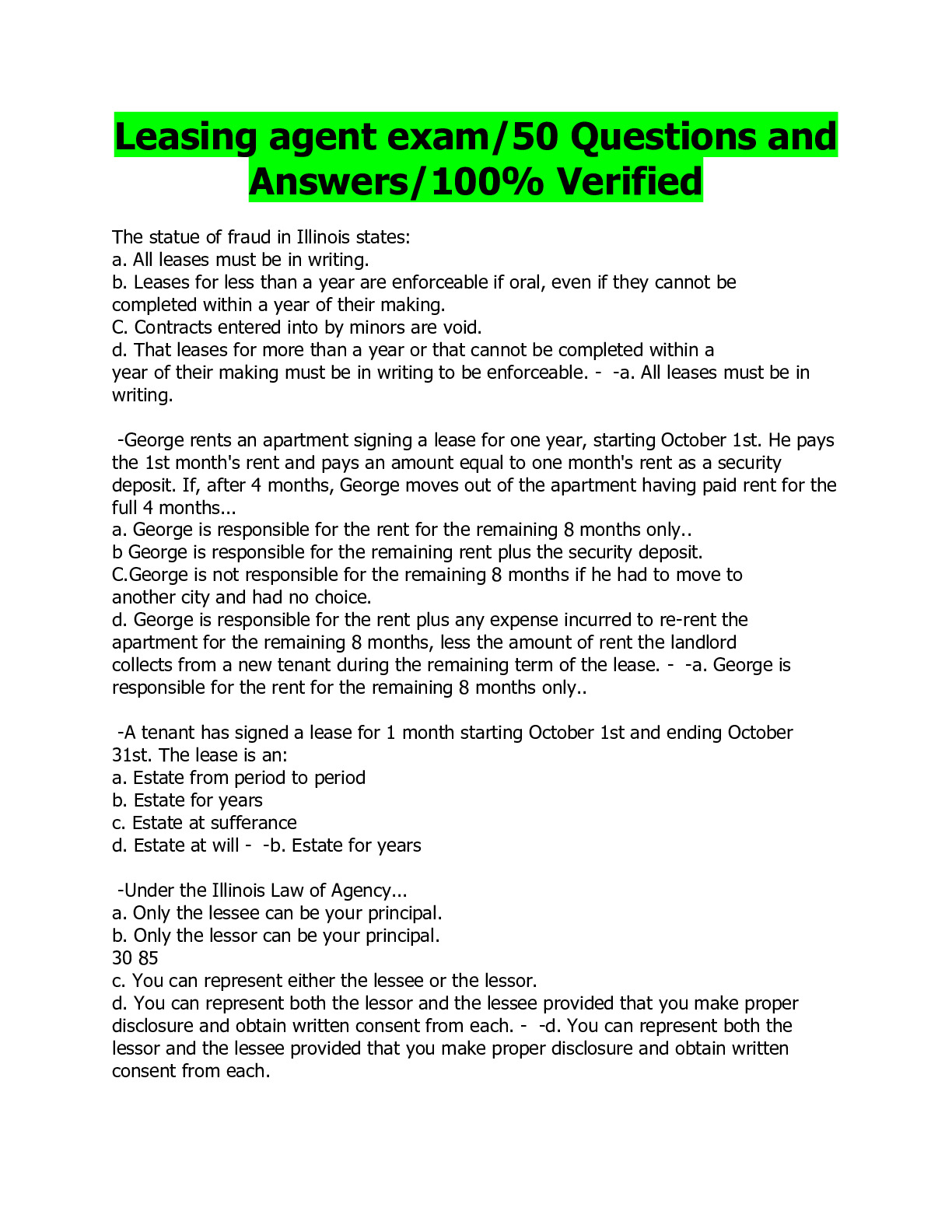 Leasing agent exam/50 Questions and Answers/100% Verified - DocMerit