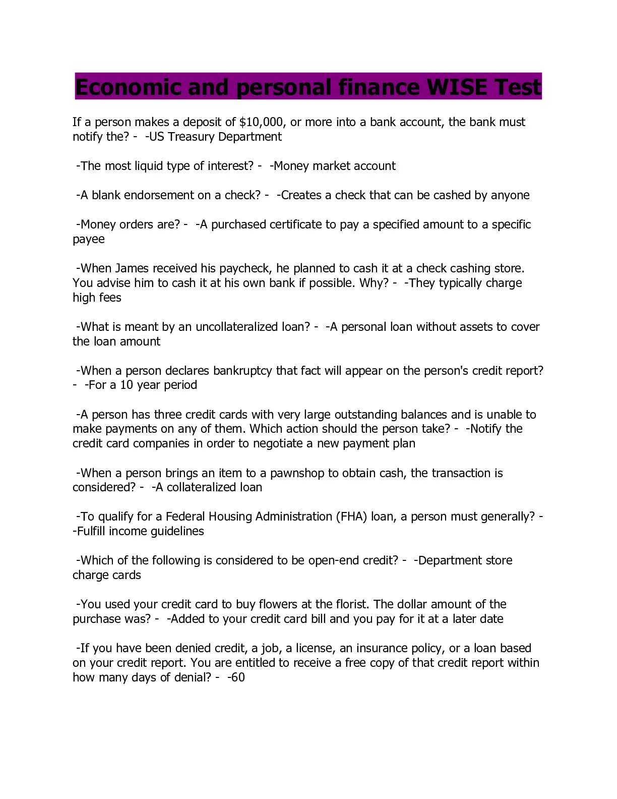 Economic and personal finance WISE Test - DocMerit
