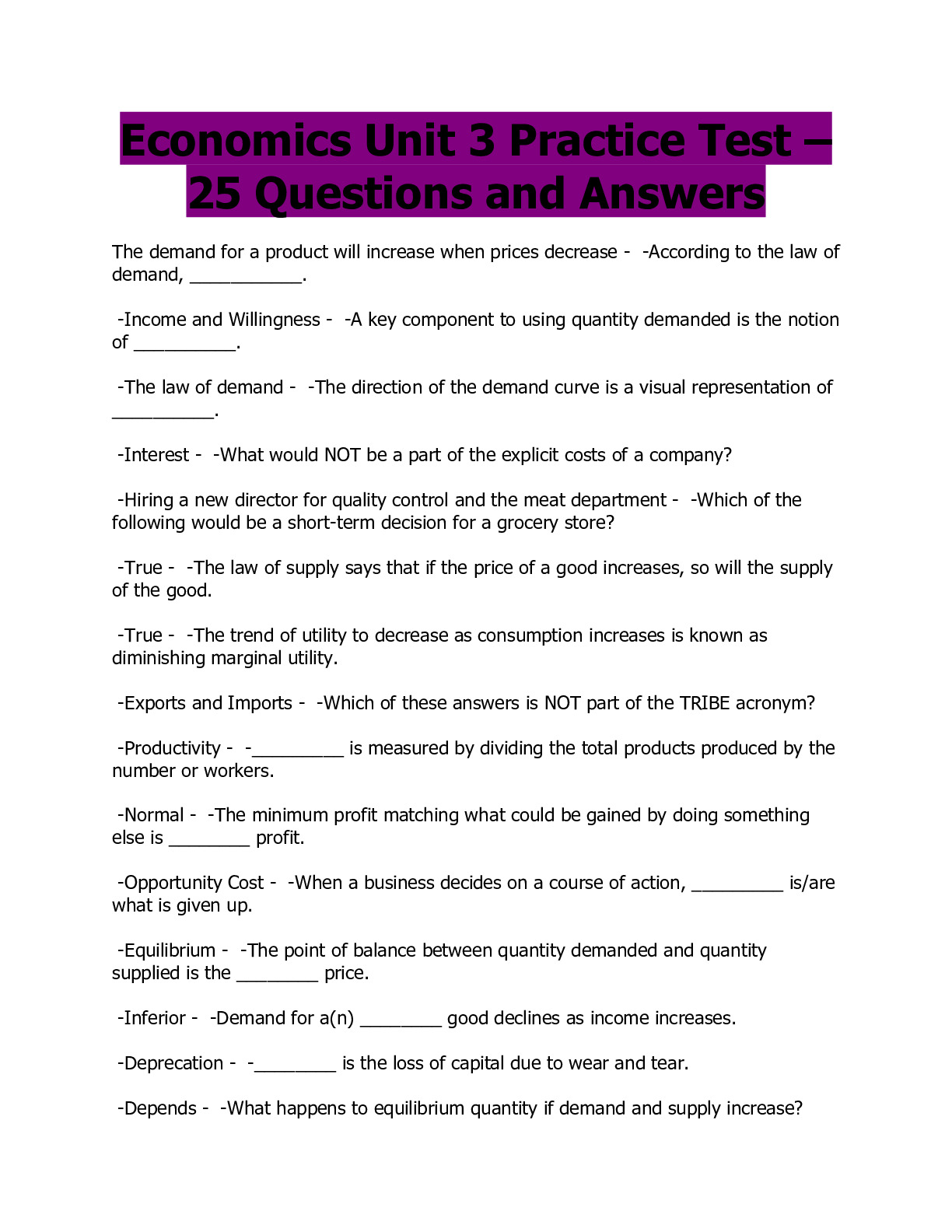 Economics Unit 3 Practice Test – 25 Questions and Answers - DocMerit