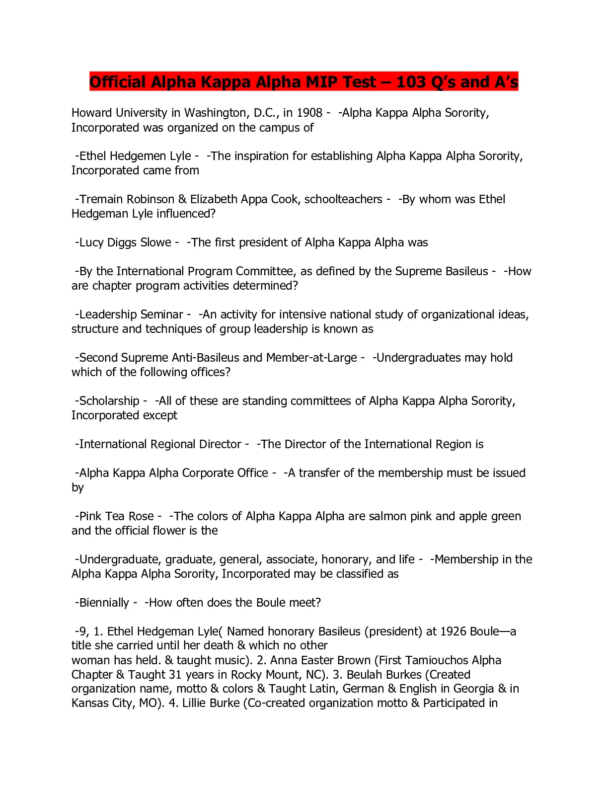 Official Alpha Kappa Alpha MIP Test – 103 Q’s and A’s - DocMerit
