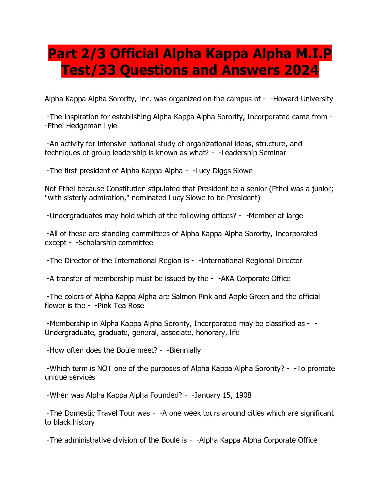 Part 2/3 Official Alpha Kappa Alpha M.I.P Test/33 Questions and Answers ...