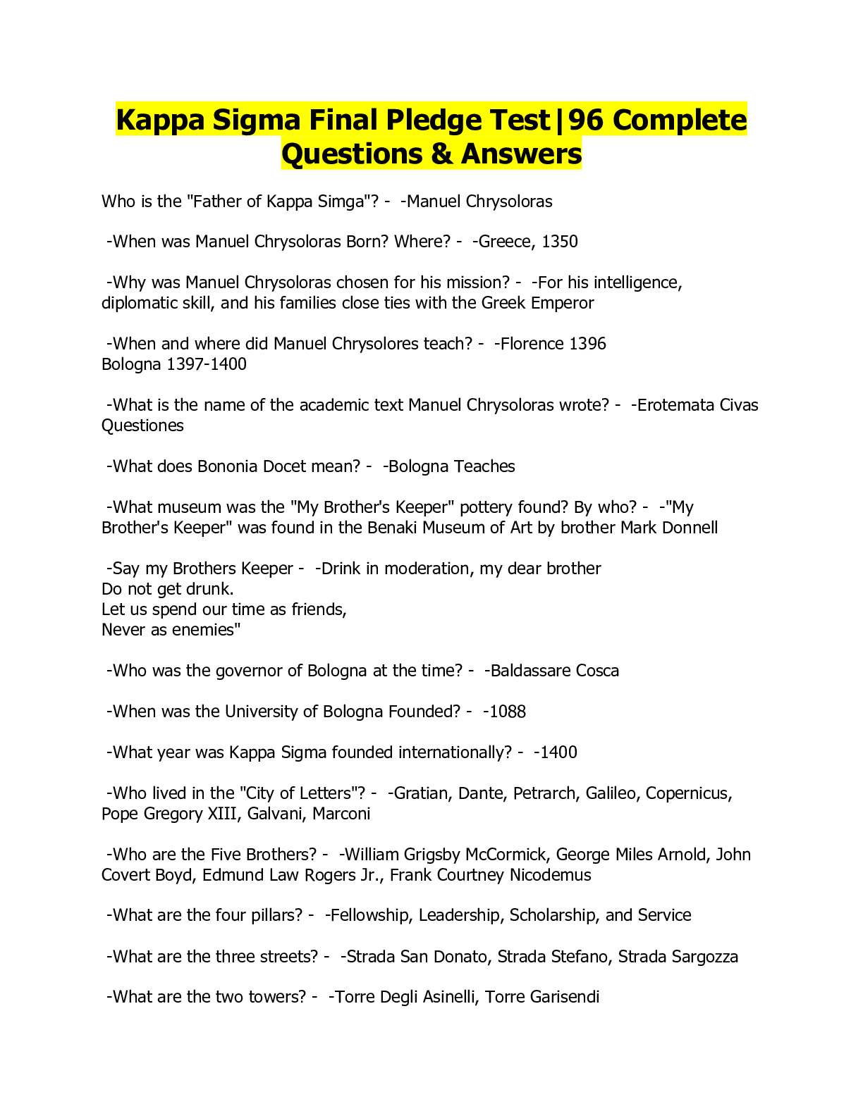 Kappa Sigma Final Pledge Test|96 Complete Questions & Answers - DocMerit