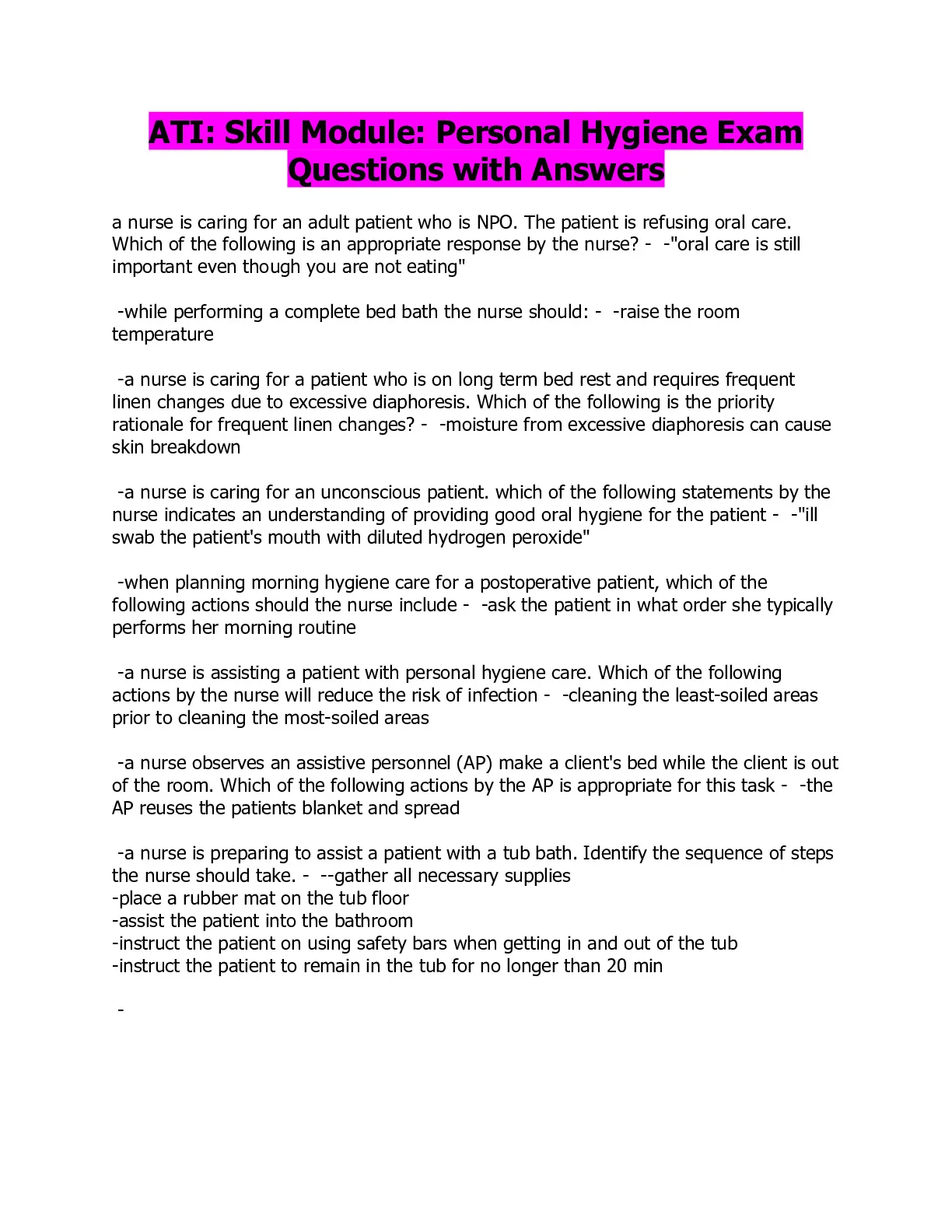 ATI: Skill Module: Personal Hygiene Exam Questions with Answers - DocMerit
