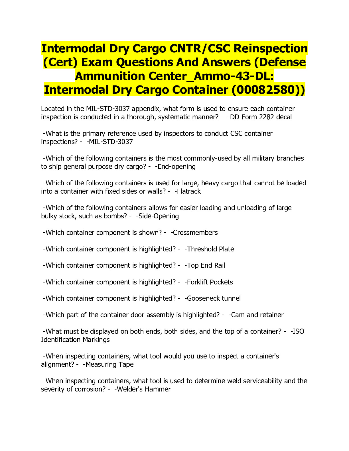 Intermodal Dry Cargo CNTR/CSC Reinspection (Cert) Exam Questions And ...