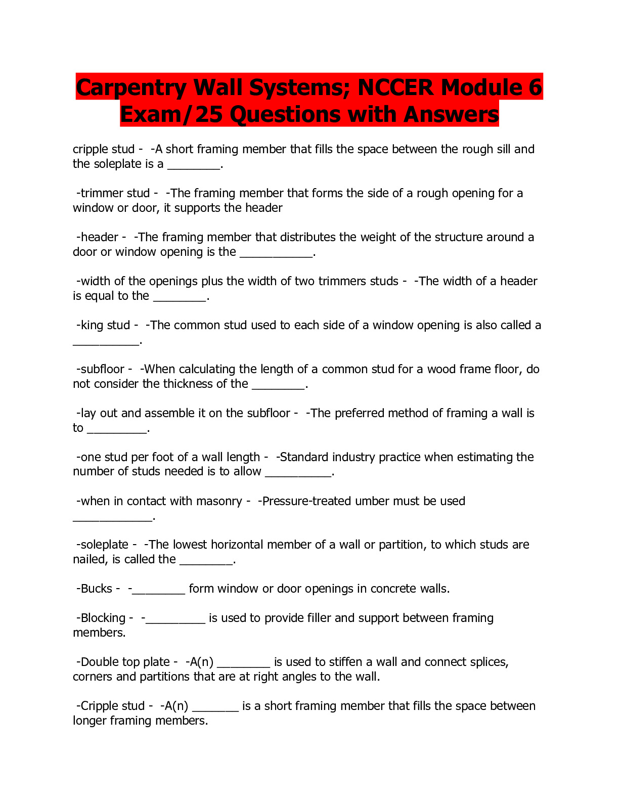 Carpentry Wall Systems; NCCER Module 6 Exam/25 Questions with Answers ...