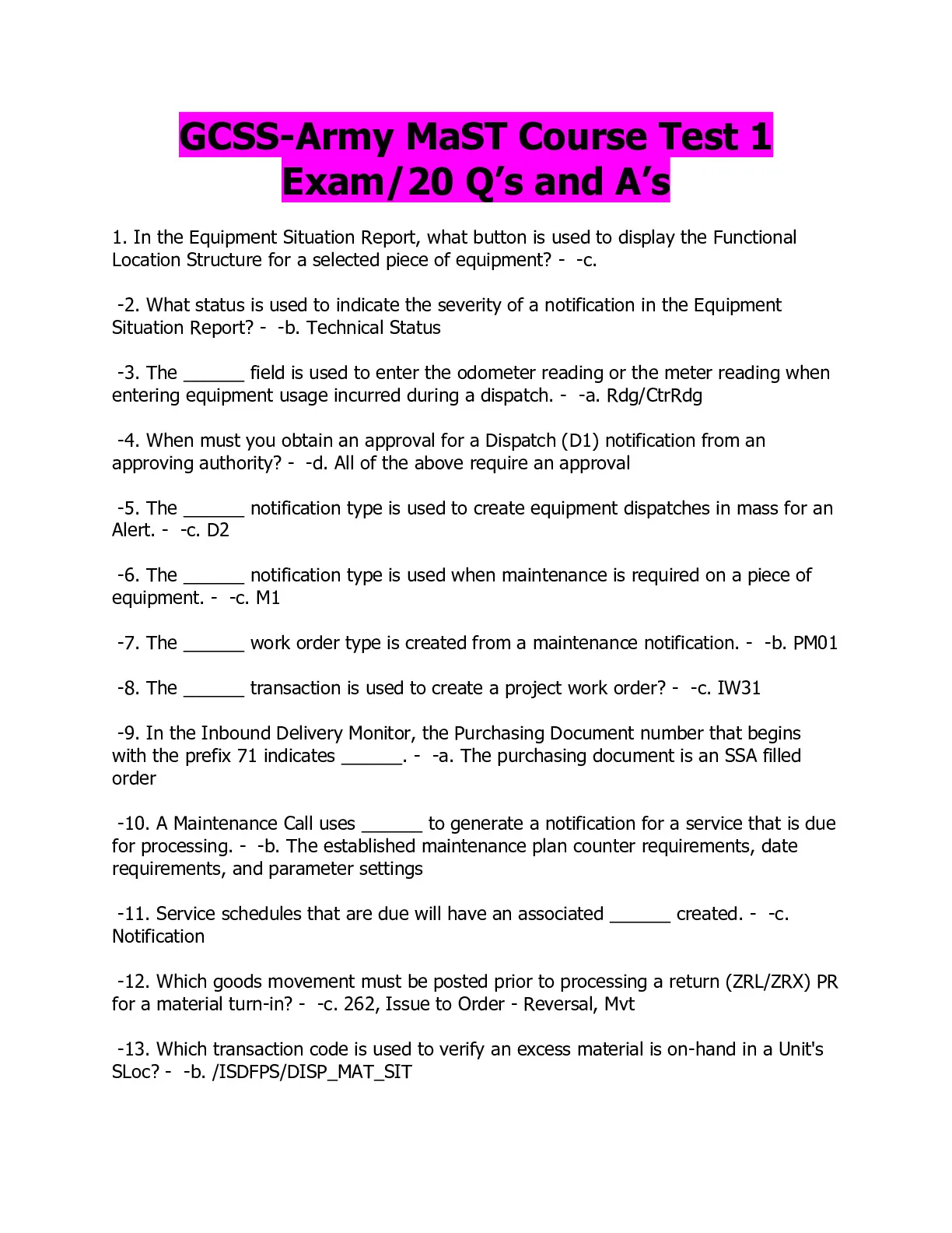 GCSS- ARMY Property Book Comprehensive Practical Exercise Exam ...