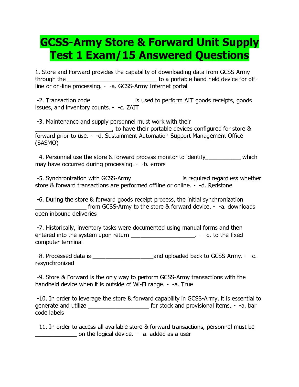 GCSS-Army SSA Course Test 1/20 Complete Questions with Answers - DocMerit