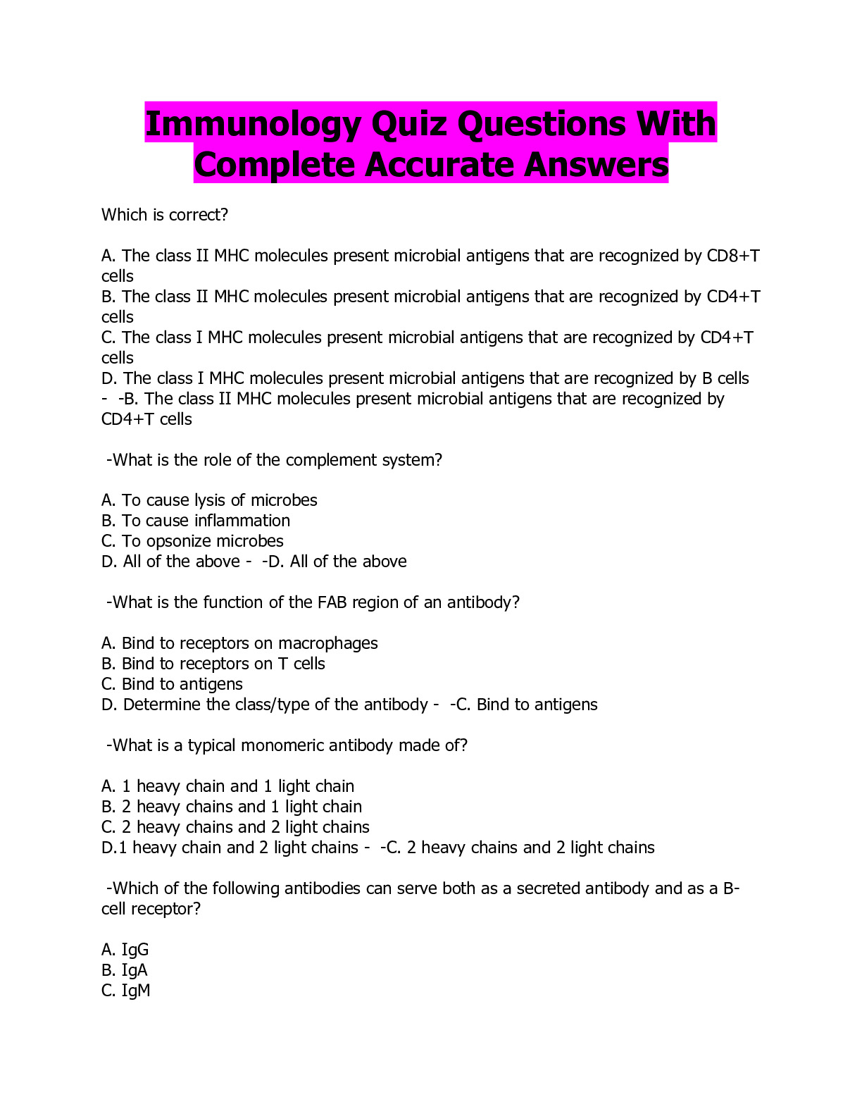 Immunology Quiz Questions With Complete Accurate Answers - DocMerit