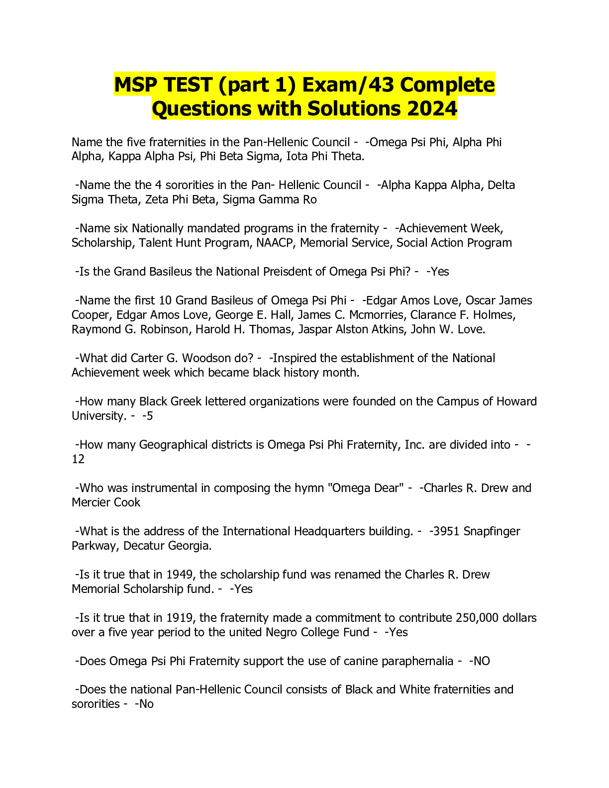 MSP TEST (part 1) Exam 2024 Questions with Complete Solutions. - DocMerit
