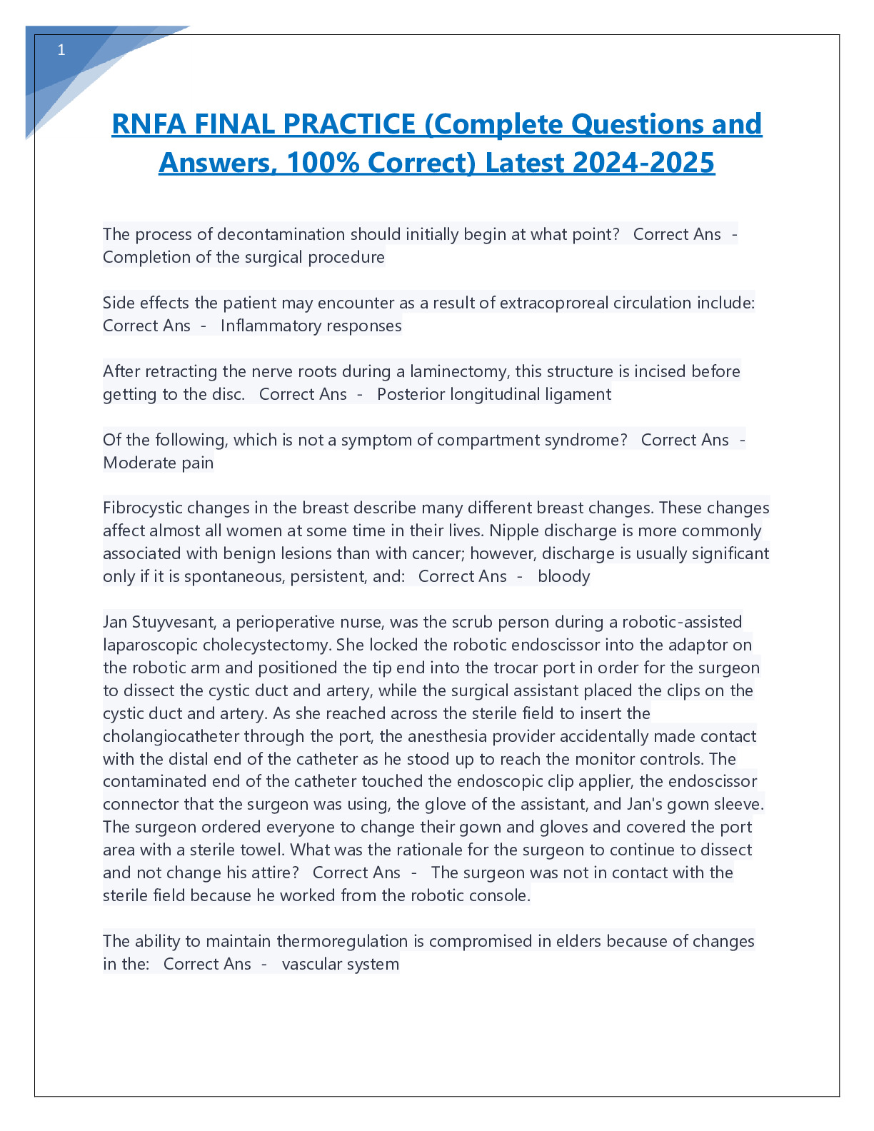 RNFA FINAL PRACTICE (Complete Questions and Answers, 100% Correct ...